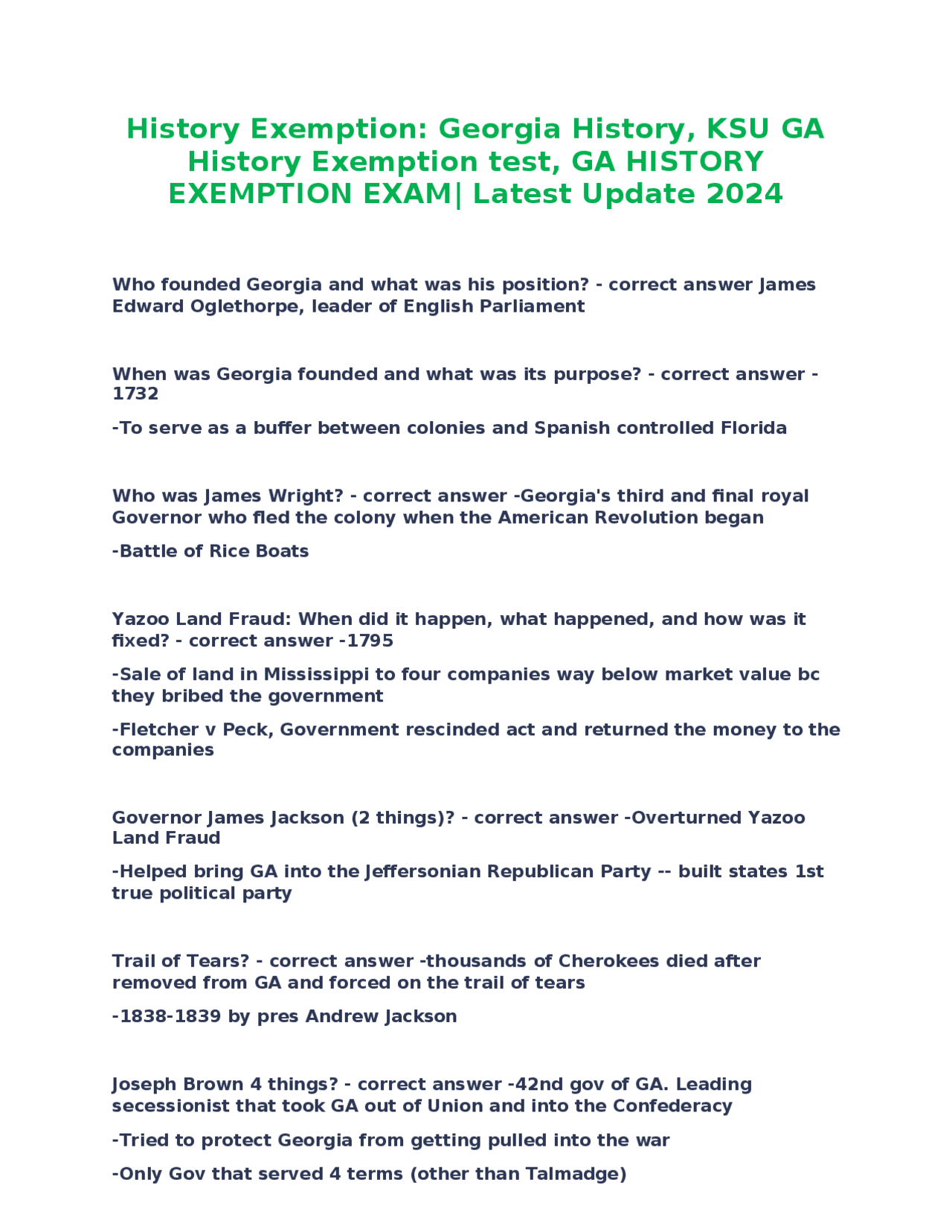 History Exemption: Georgia History, KSU GA History Exemption test, GA ...