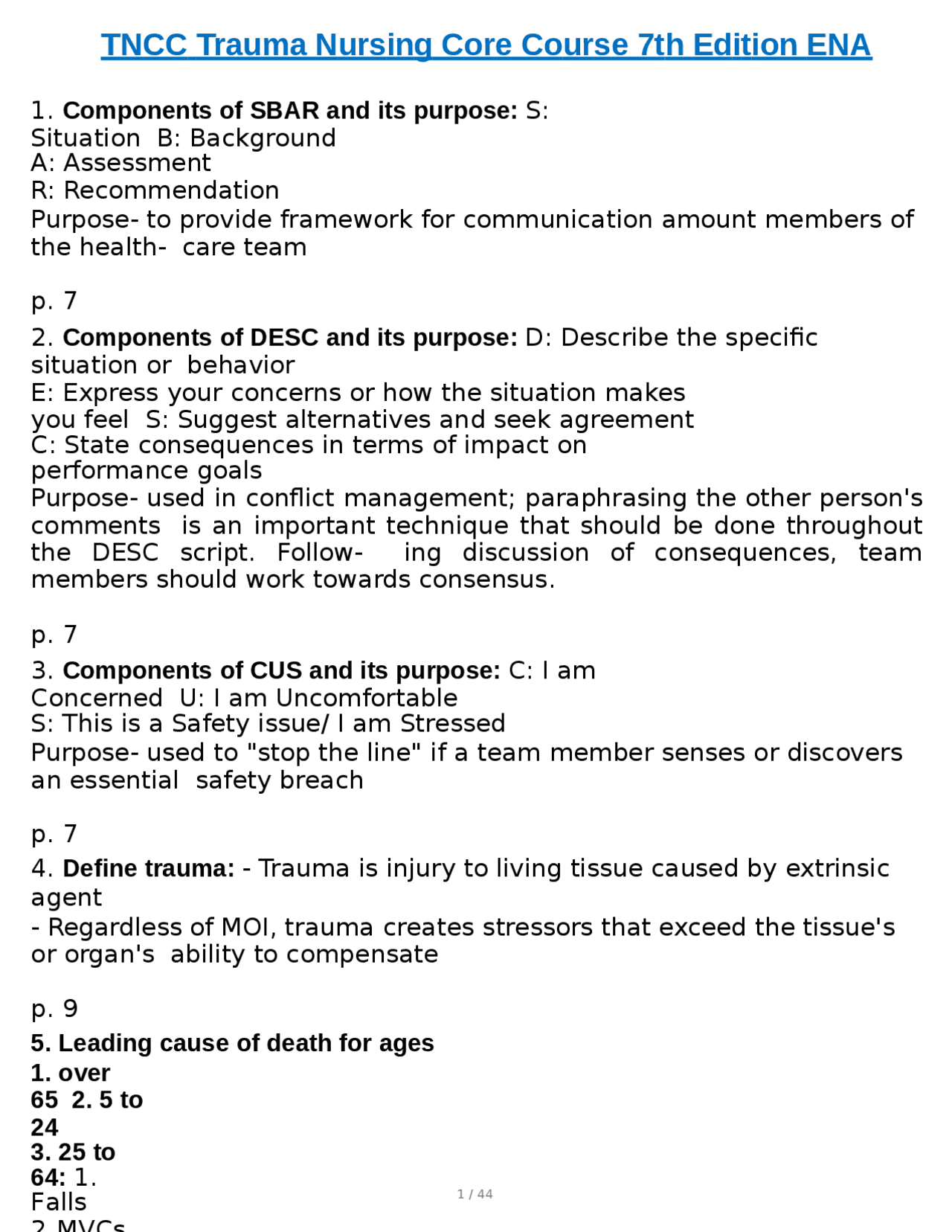 TNCC Trauma Nursing Core Course 7th Edition ENA | Exams Nursing | Docsity