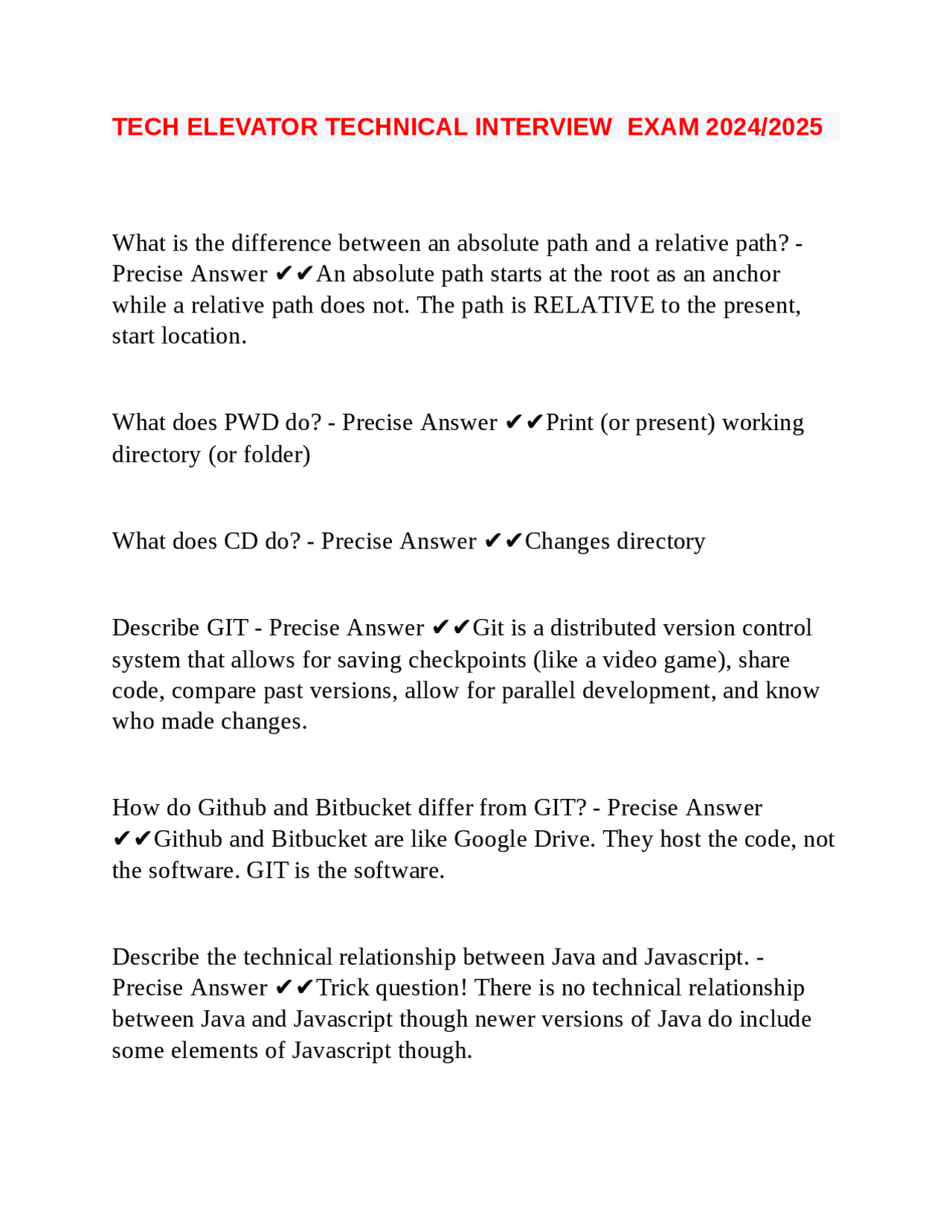 TECH ELEVATOR TECHNICAL INTERVIEW EXAM 2024/2025 | Exams Nursing | Docsity