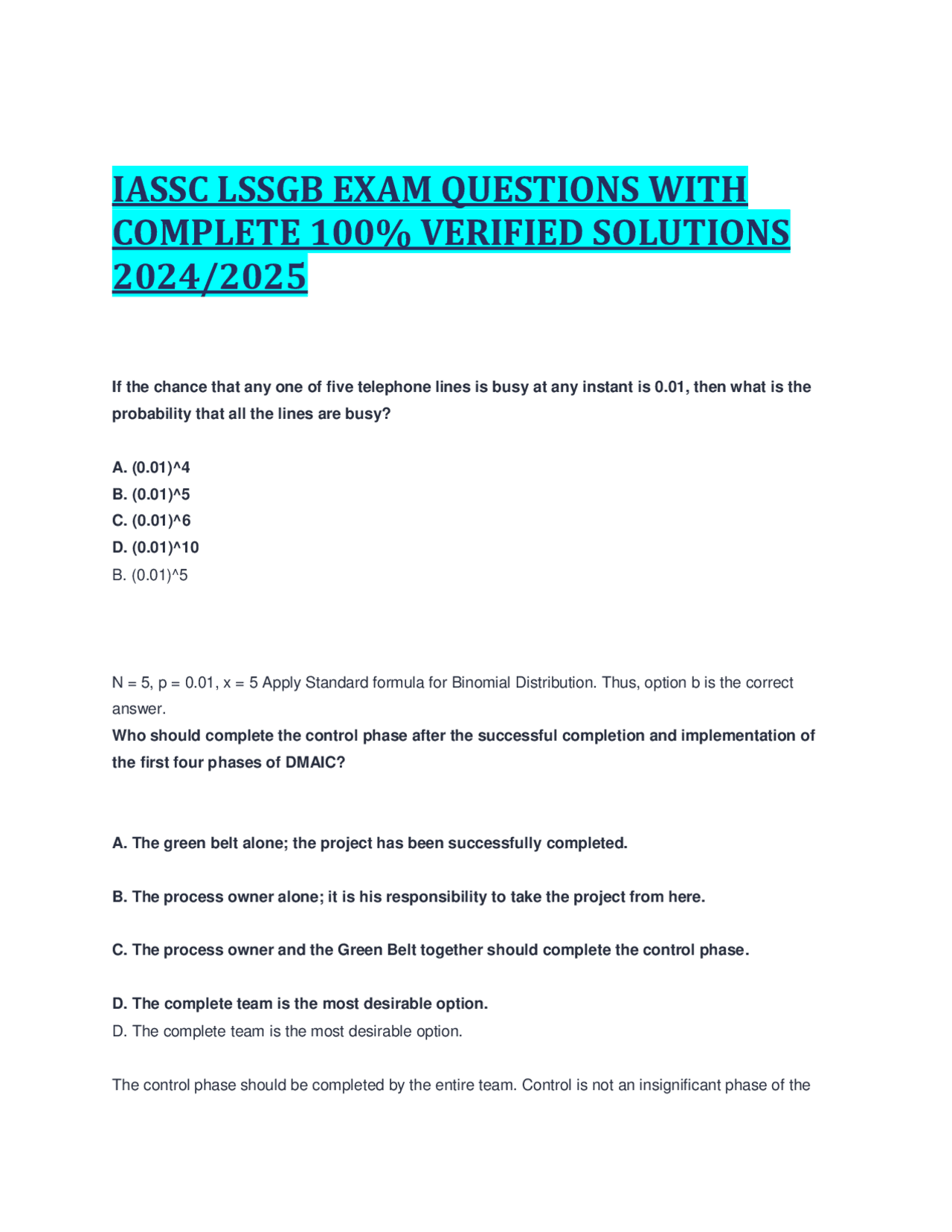 IASSC LSSGB EXAM QUESTIONS WITH COMPLETE 100% VERIFIED SOLUTIONS 2024/ ...