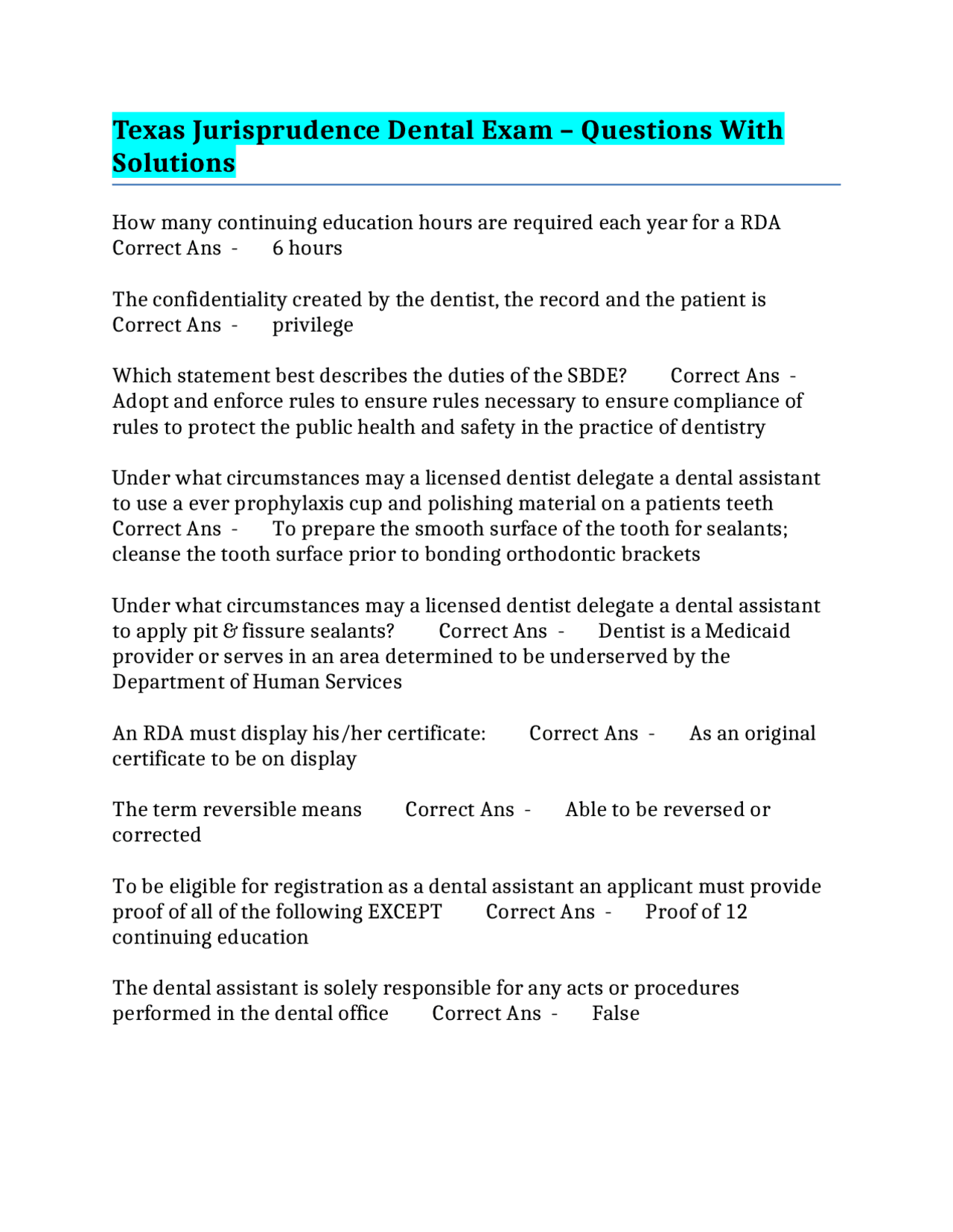 Texas Jurisprudence Dental Exam - Questions and Solutions | Exams ...