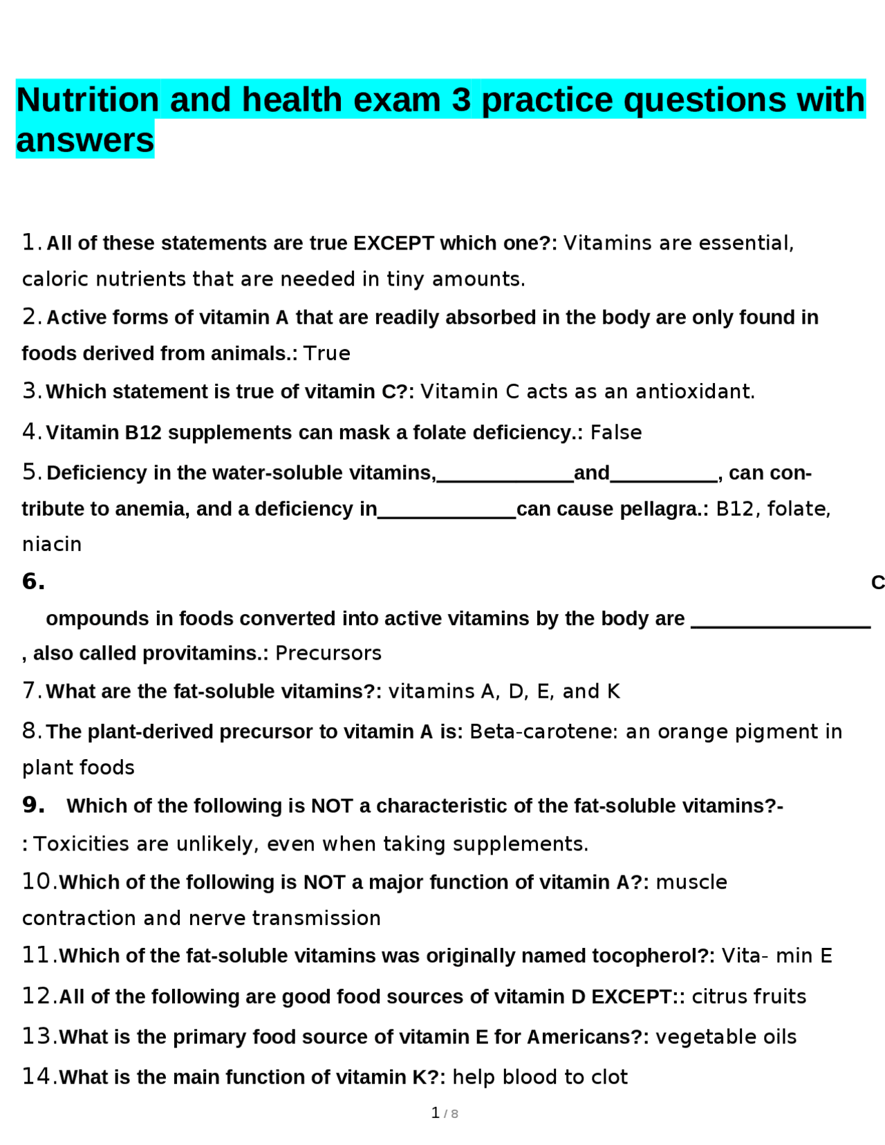 Nutrition and health exam 3 practice questions with answers | Exams ...