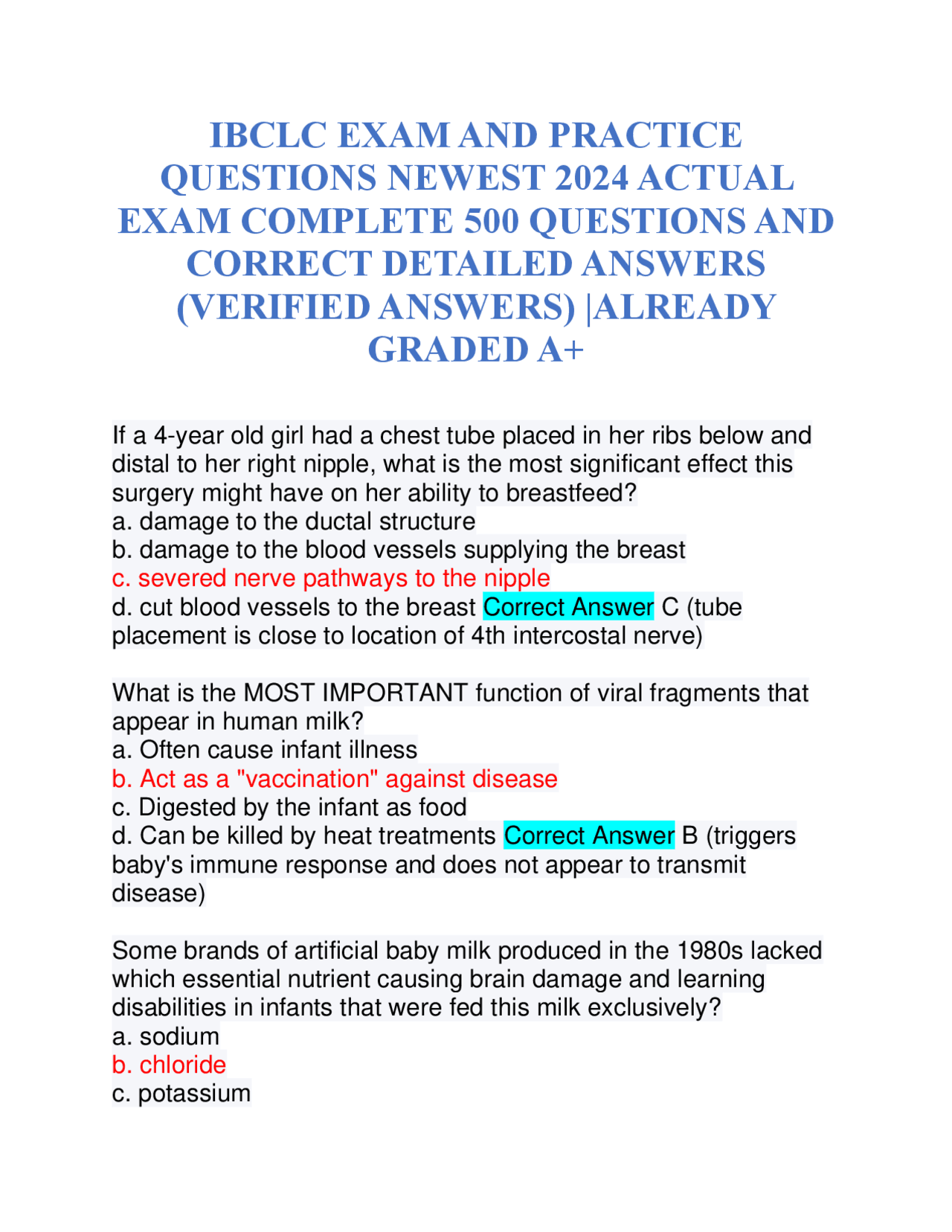IBCLC EXAM AND PRACTICE QUESTIONS NEWEST ACTUAL EXAM COMPLETE 500 ...