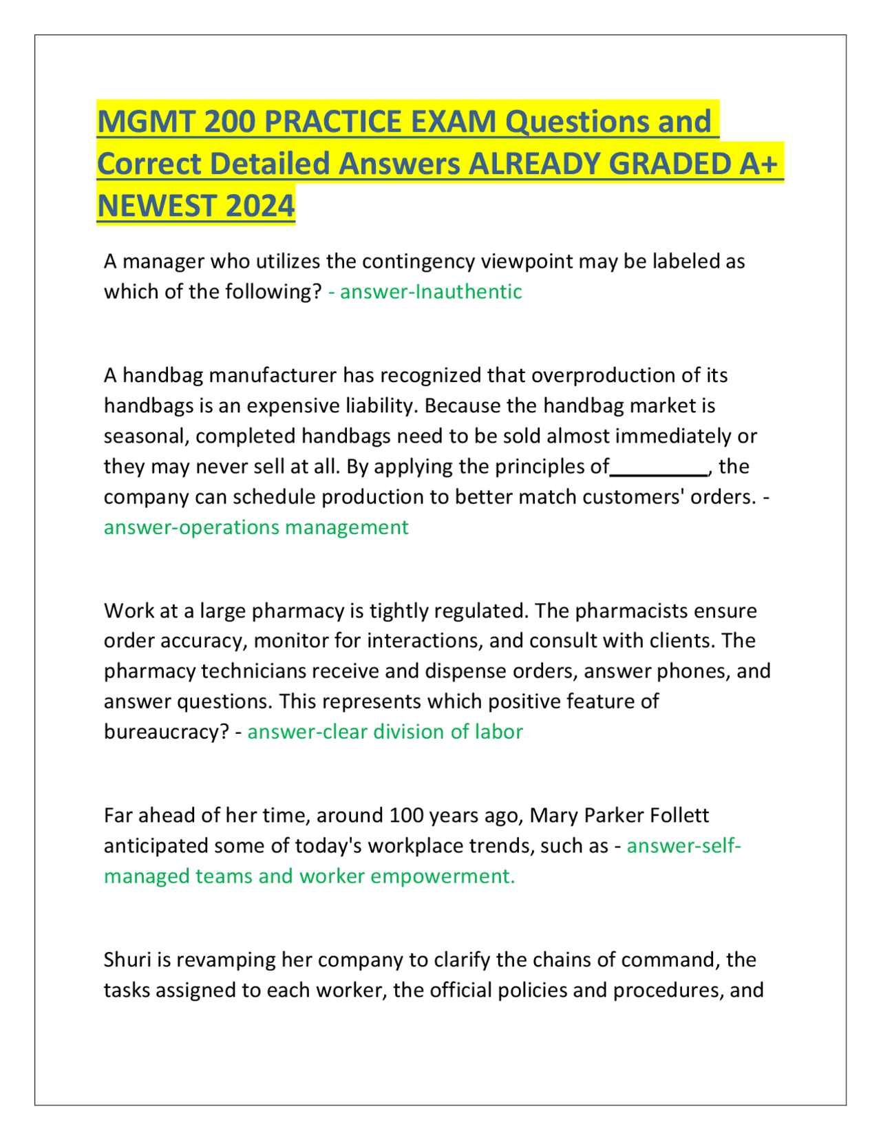 MGMT 200 PRACTICE EXAM Questions and Correct Detailed Answers ALREADY GRADED A+ NEWEST 202 ...