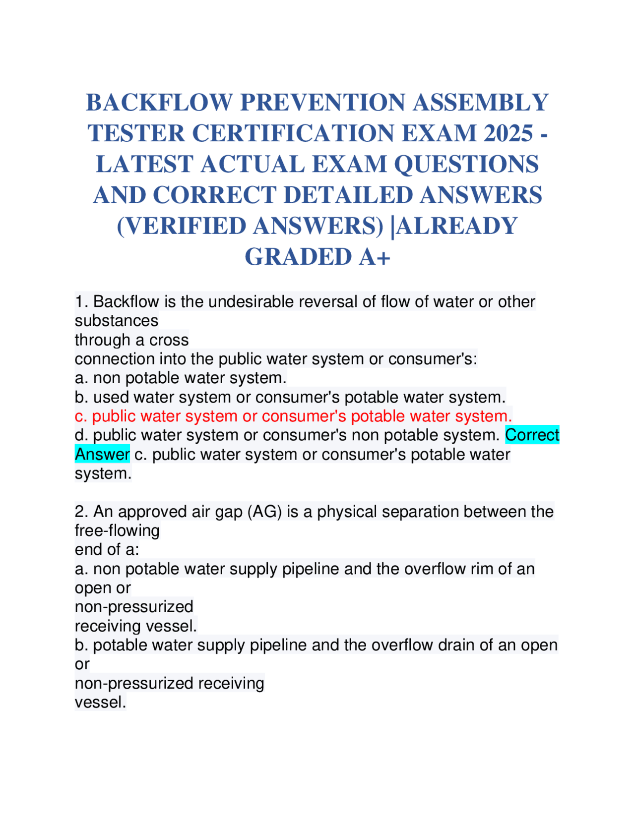 BACKFLOW PREVENTION ASSEMBLY TESTER CERTIFICATION EXAM 2025 LATEST ...