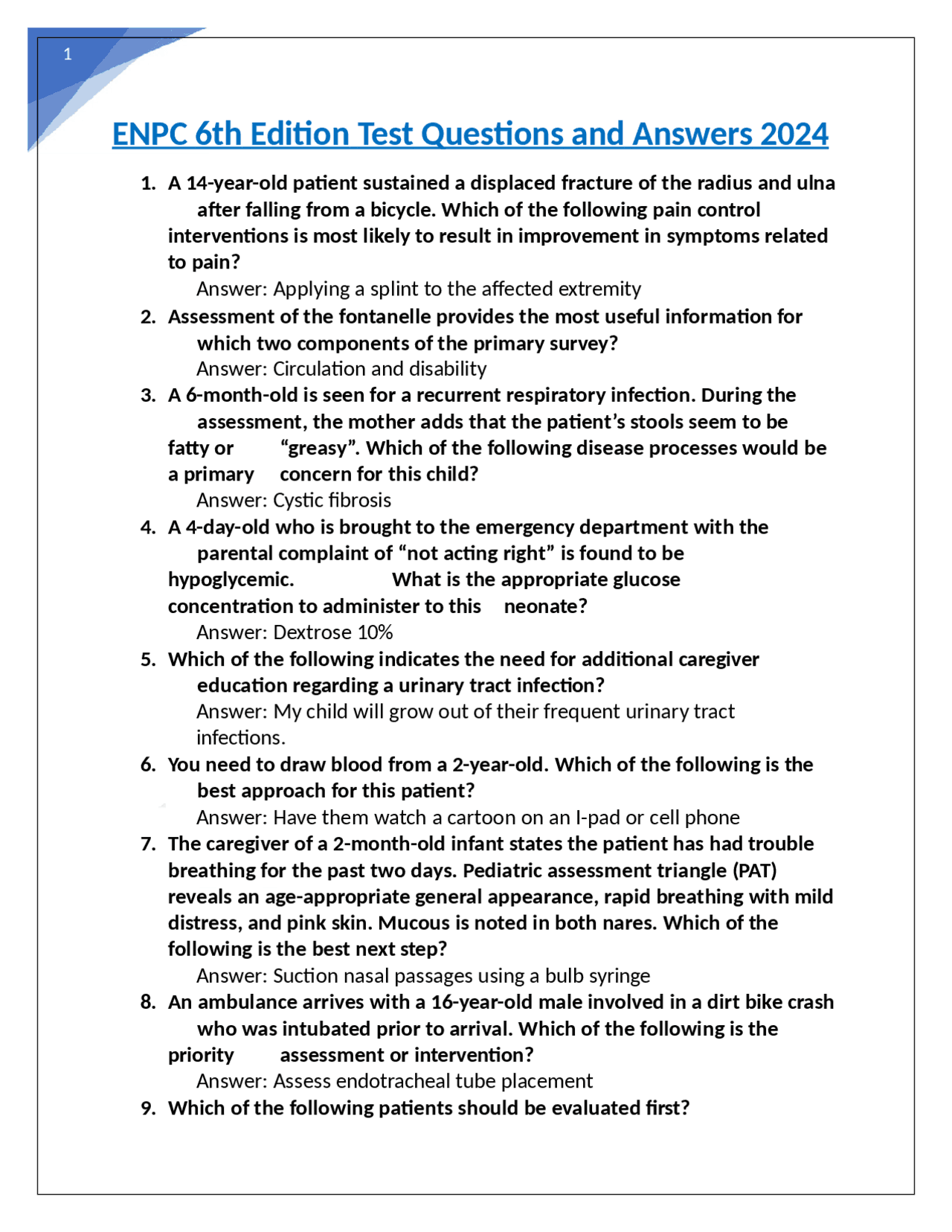 ENPC 6th Edition Test Questions and Answers 2024 | Exams Nursing | Docsity