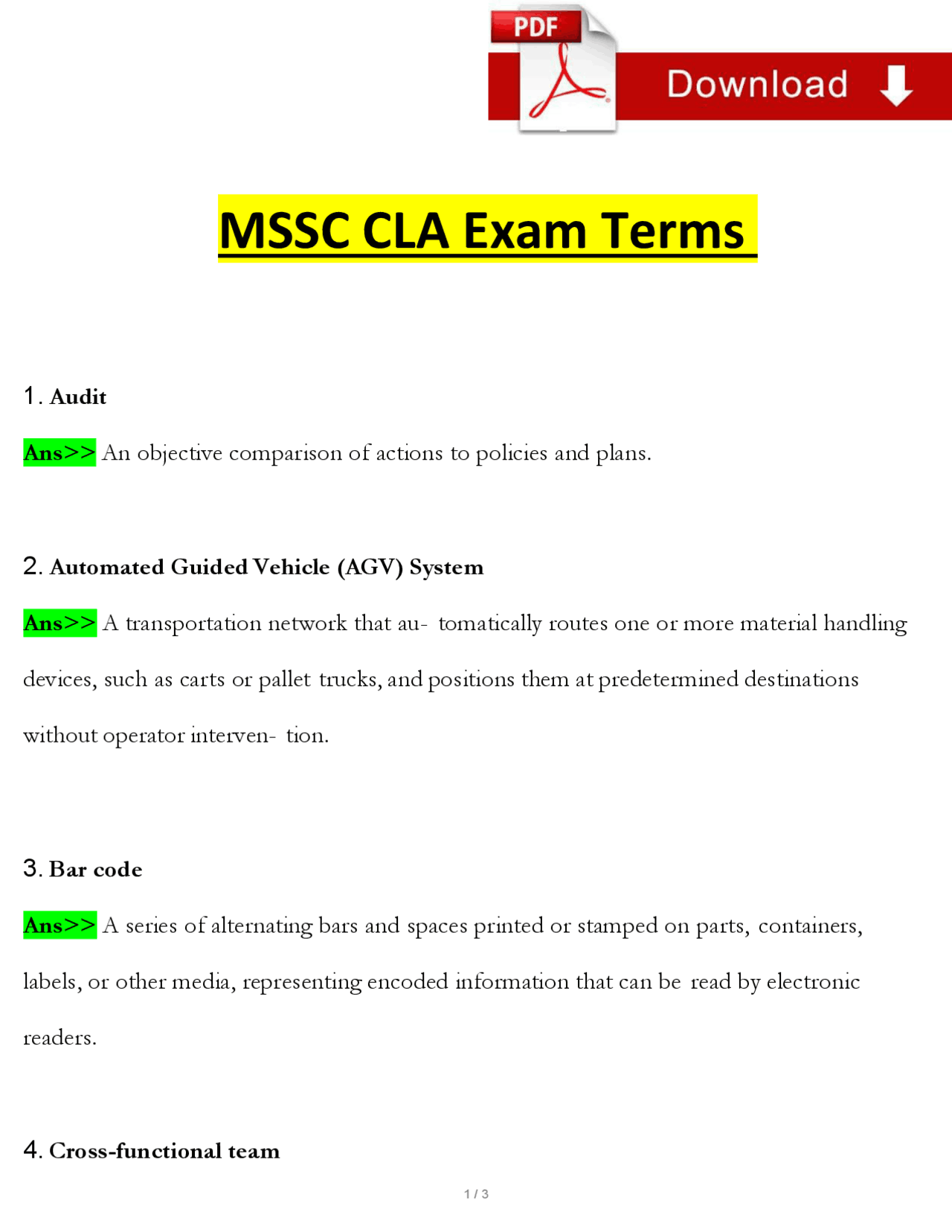 MSSC CLA Exam Terms questions verified with 100% correct answers ...