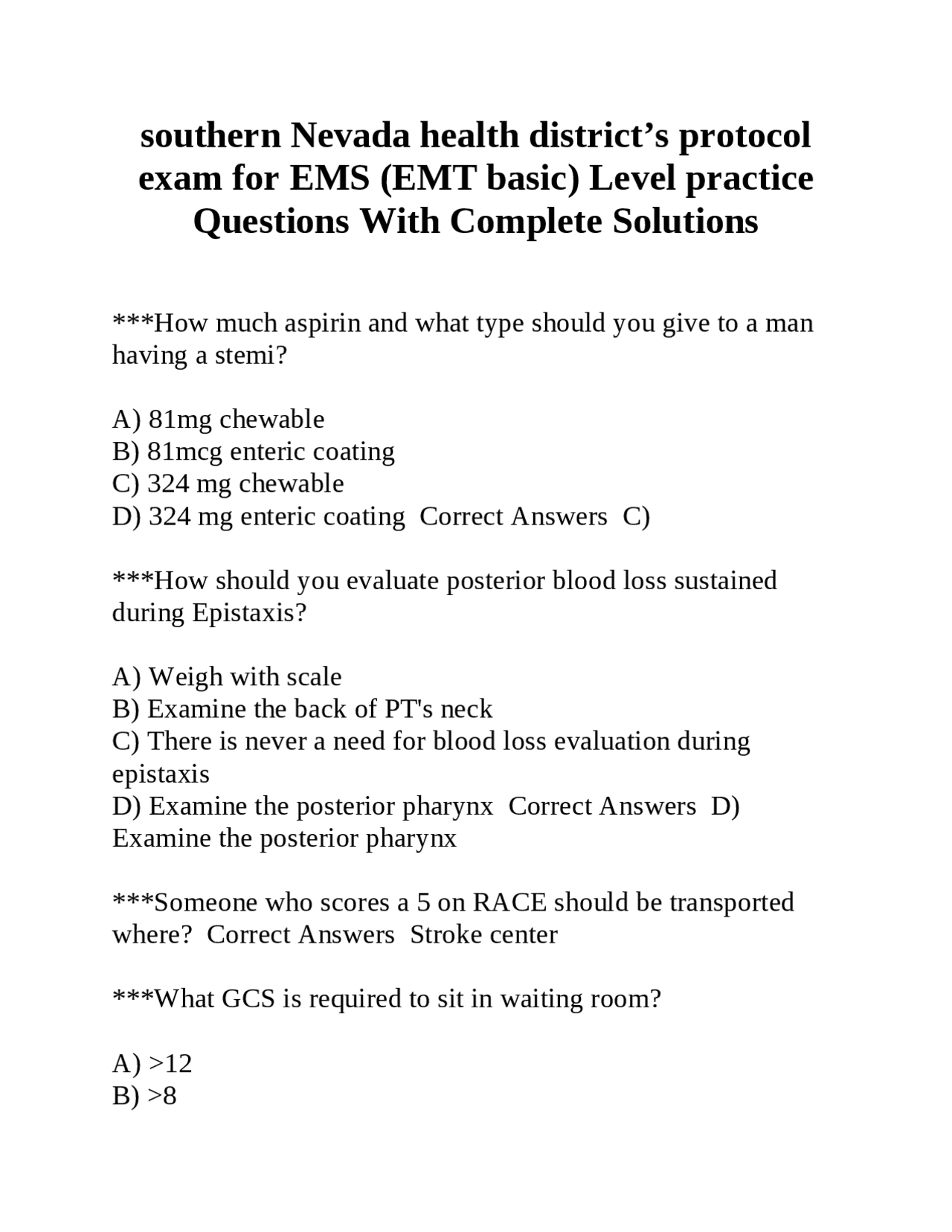 southern Nevada health district’s protocol exam for EMS (EMT basic ...