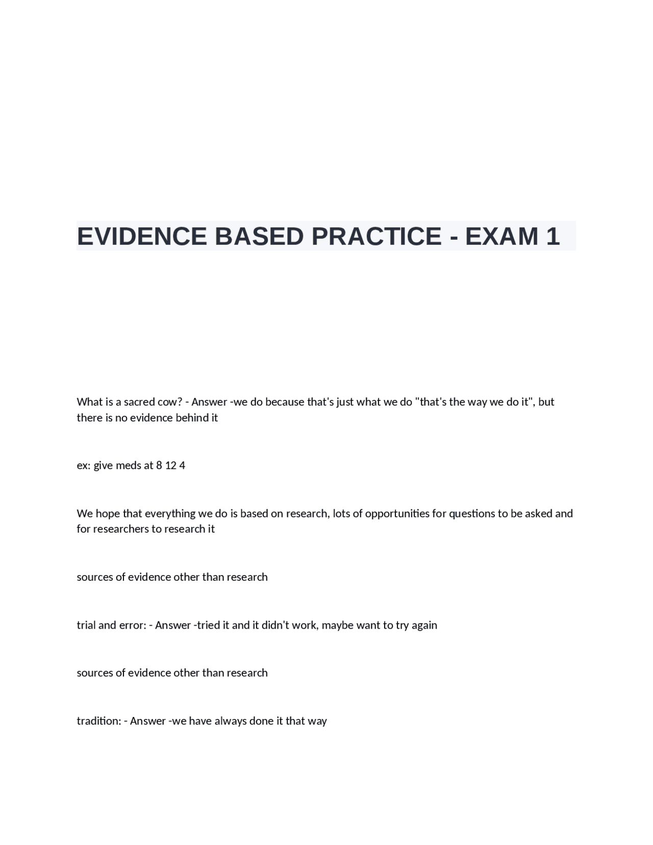 EVIDENCE BASED PRACTICE - EXAM 1 Questions and Answers | Exams Nursing ...
