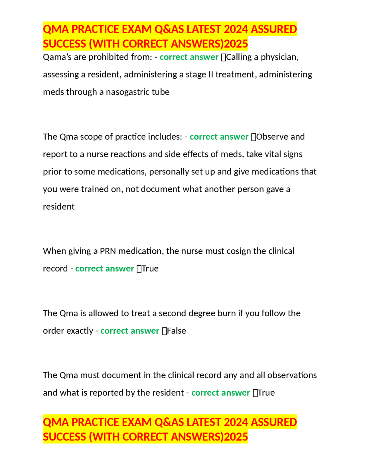 QMA PRACTICE EXAM Q&AS LATEST 2024 ASSURED SUCCESS (WITH CORRECT ...