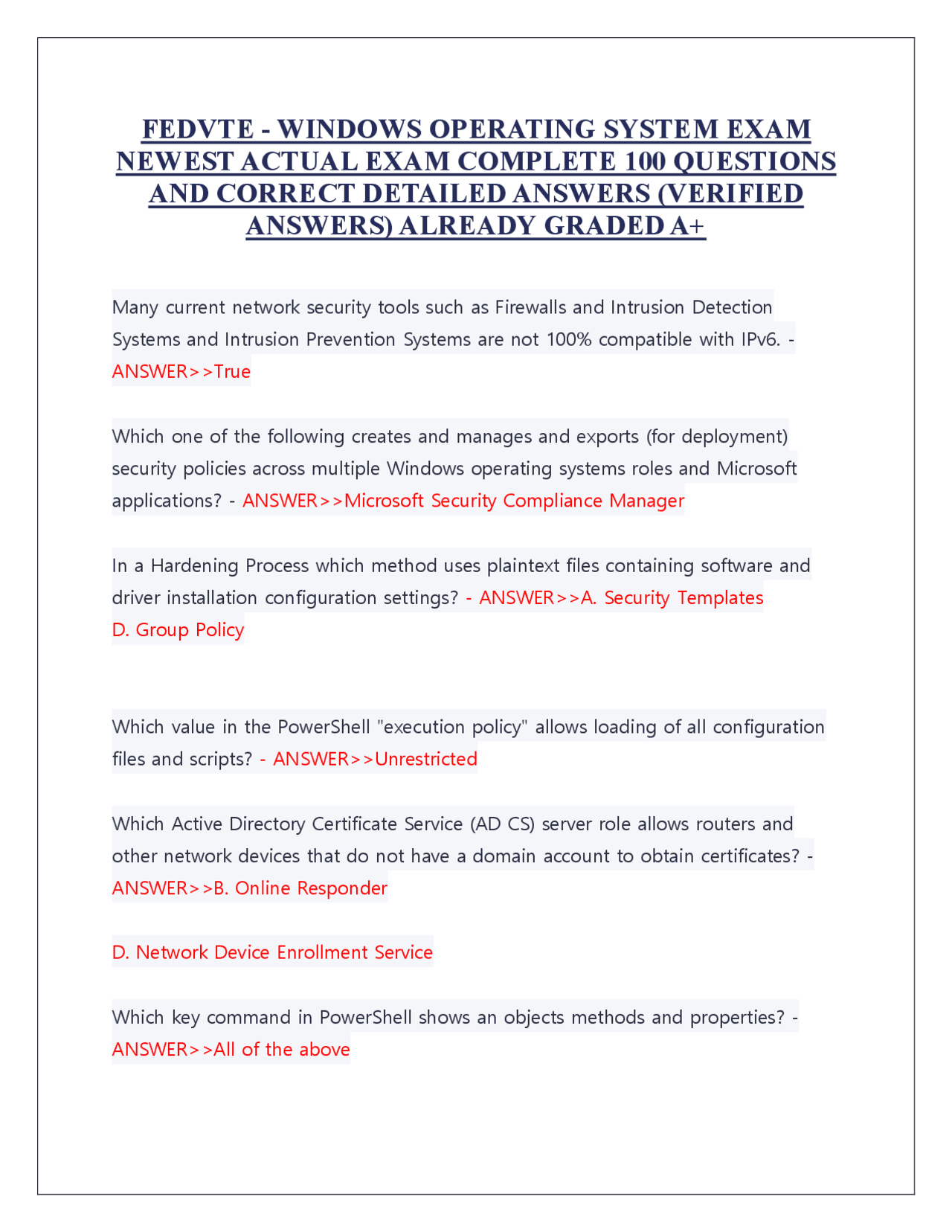 FEDVTE - WINDOWS OPERATING SYSTEM EXAM NEWEST ACTUAL EXAM COMPLETE 100 QUESTIONS AND COR | Exams ...