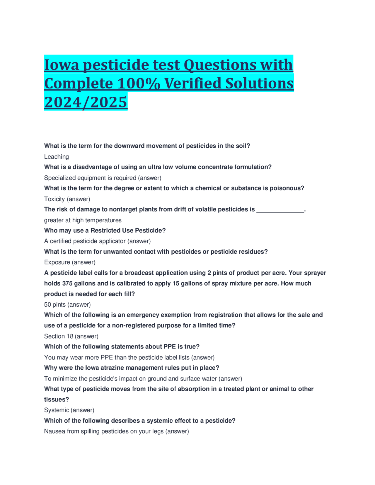 Iowa pesticide test Questions with Complete 100% Verified Solutions ...