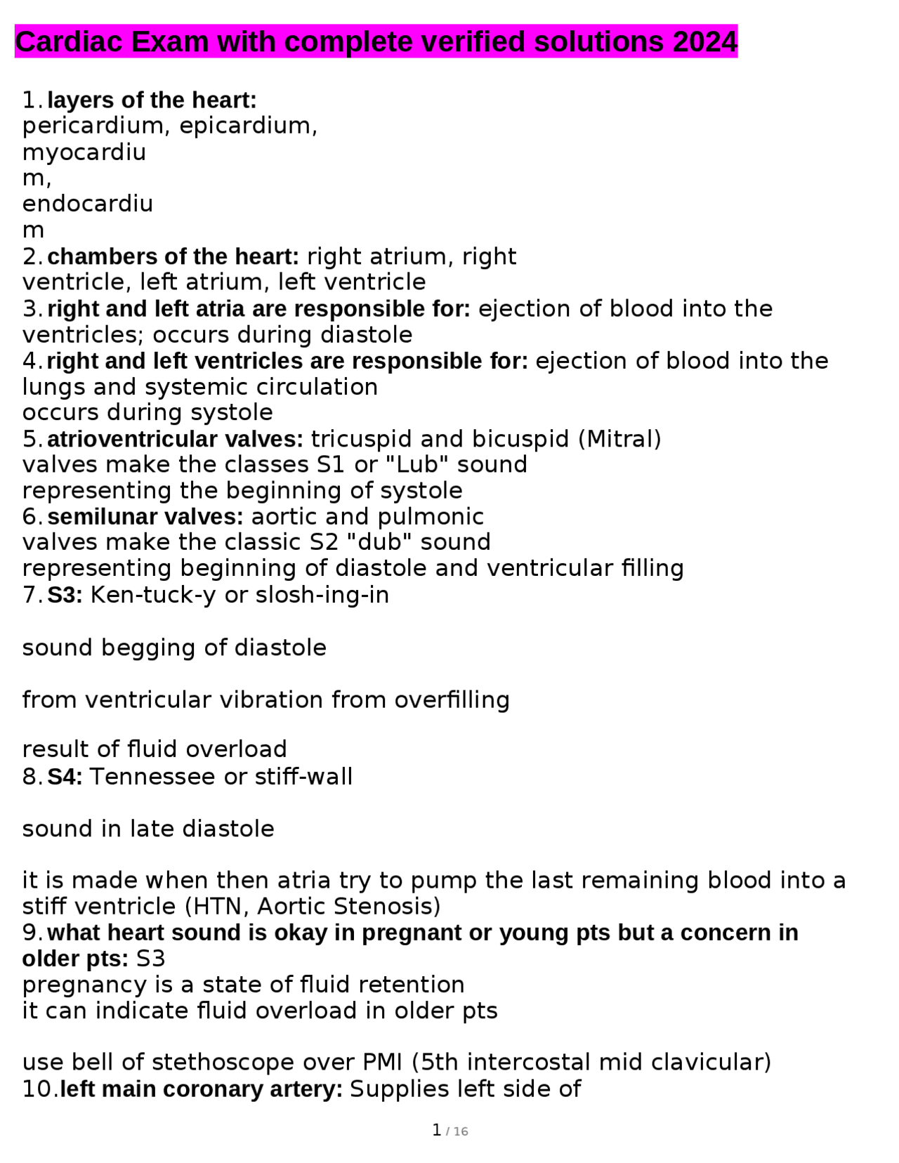 Cardiac Exam with Complete Verified Solutions 2024 | Exams Nursing ...