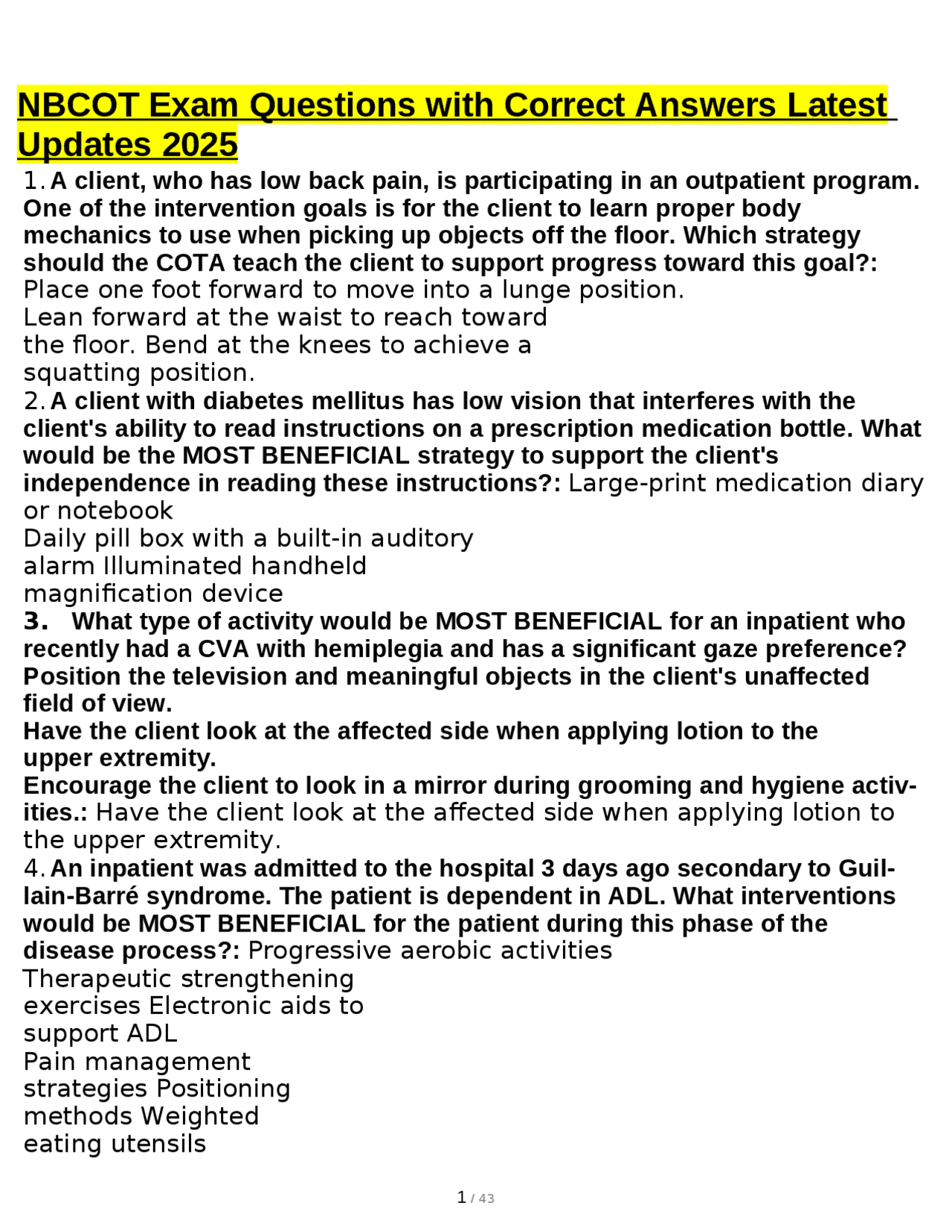 NBCOT Exam Questions with Correct Answers Latest Updates 2025 | Exams ...