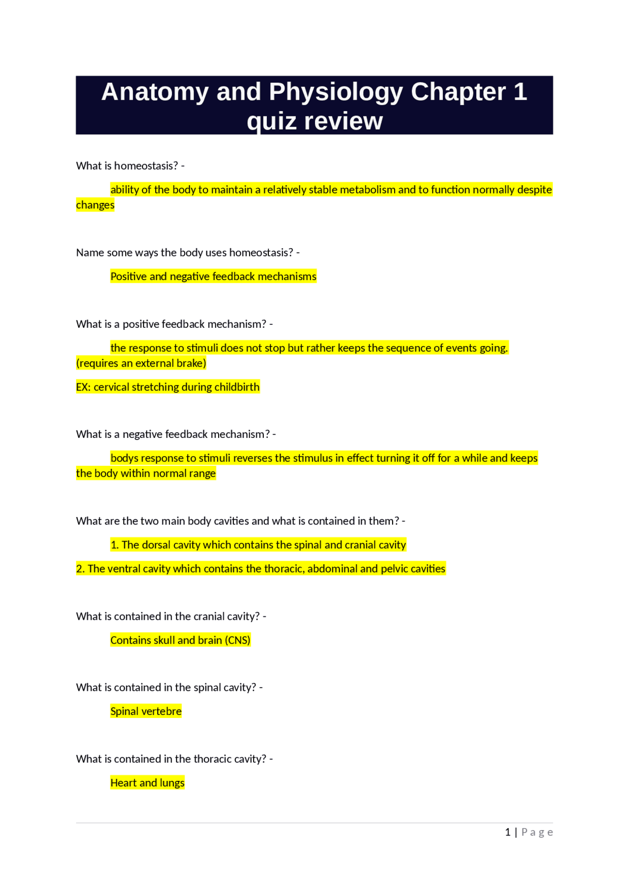 Anatomy and Physiology Chapter 1 quiz review. | Exams Anatomy | Docsity