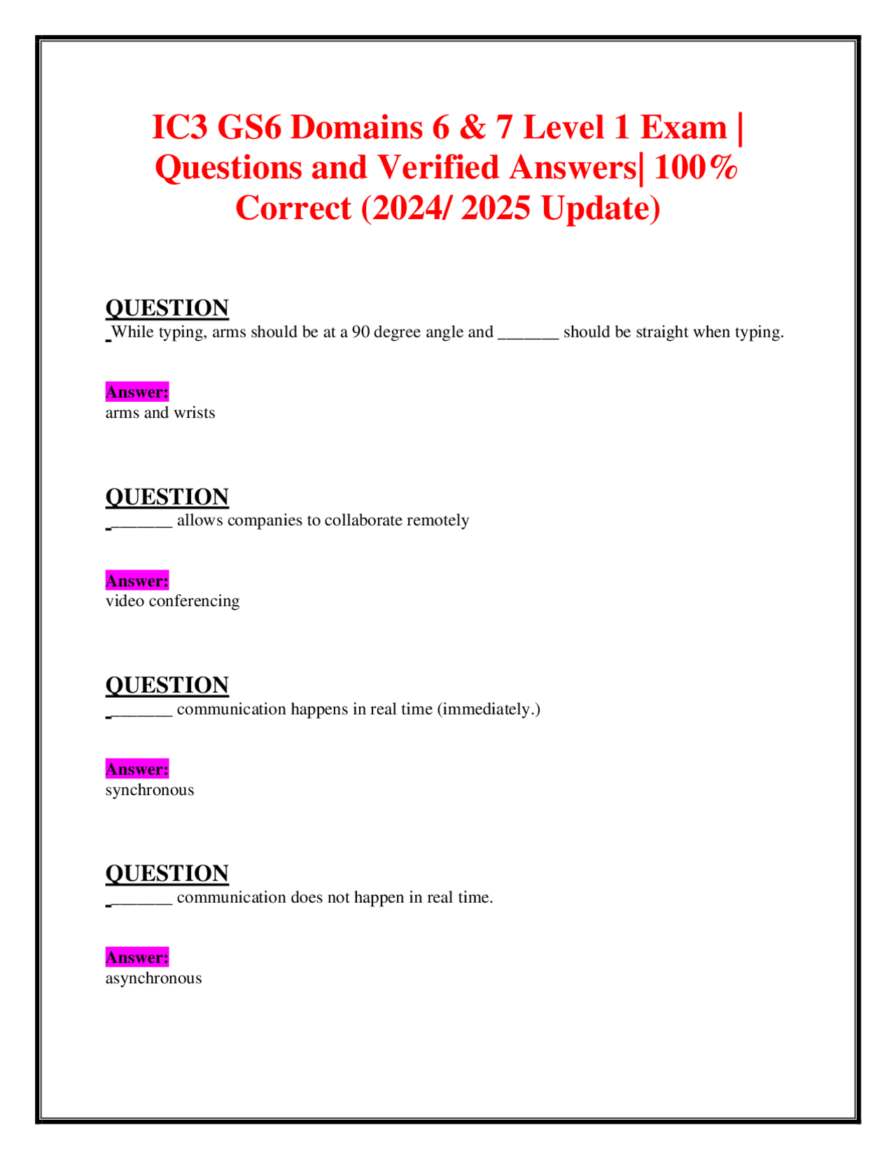 IC3 GS6 Domains 6 & 7 Level 1 Exam: Questions and Verified Answers | Exams Computer Networks ...