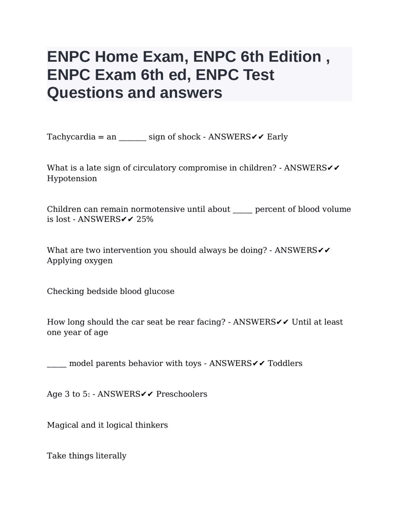 ENPC Exam Questions and Answers: 6th Edition | Exams Nursing | Docsity