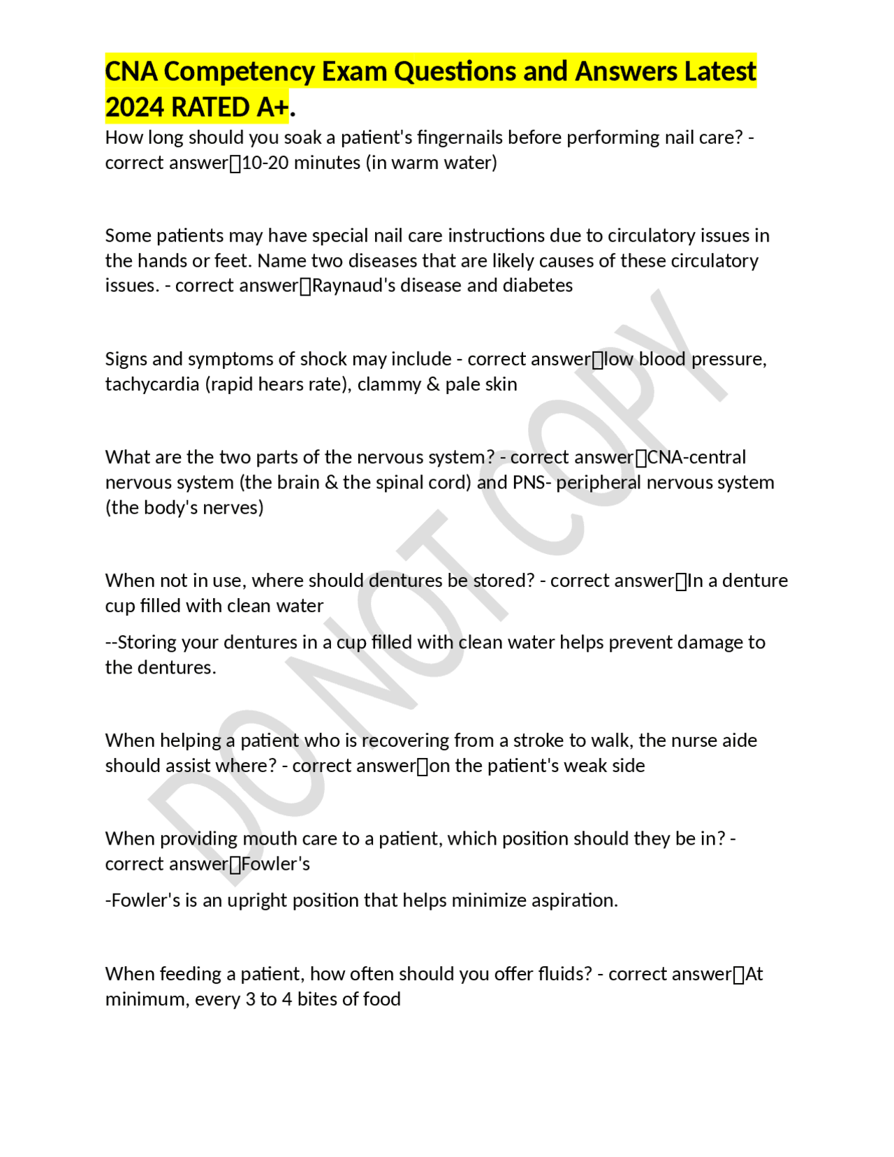 CNA Competency Exam Questions and Answers Latest 2024 RATED A+. | Exams ...