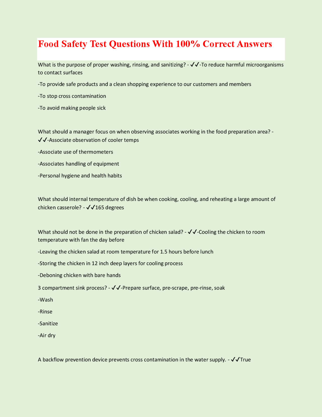 Food Safety Test Questions With 100% Correct Answers | Exams Food ...