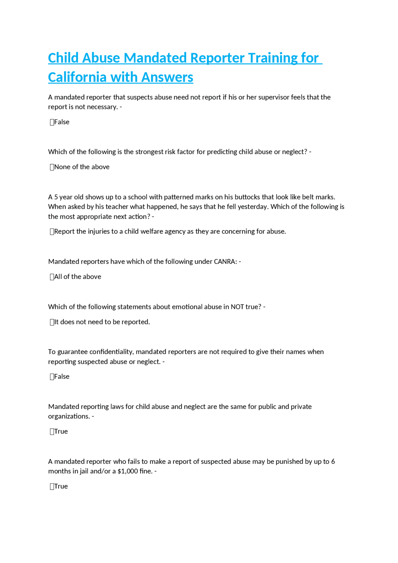 Child Abuse Mandated Reporter Training for California with Answers ...
