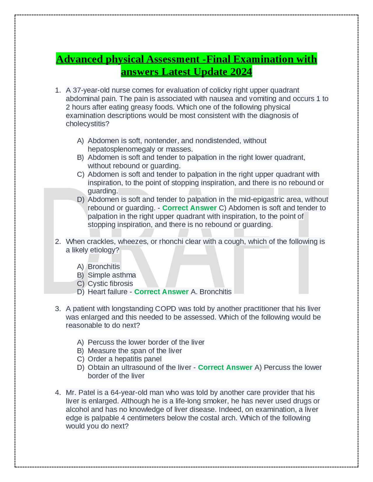 Advanced physical Assessment -Final Examination with answers Latest ...