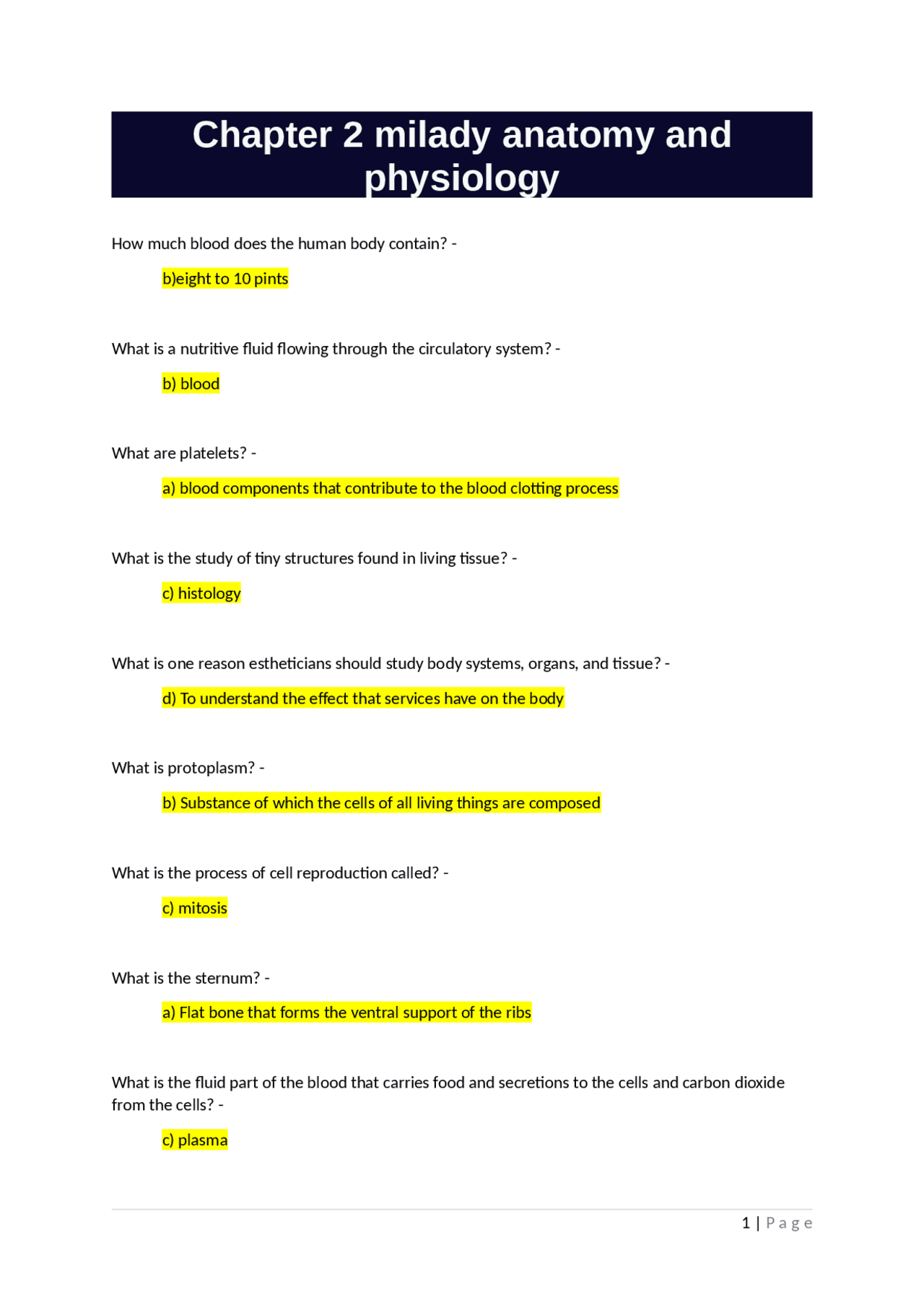 Chapter 2 milady anatomy and physiology. | Exams Anatomy | Docsity