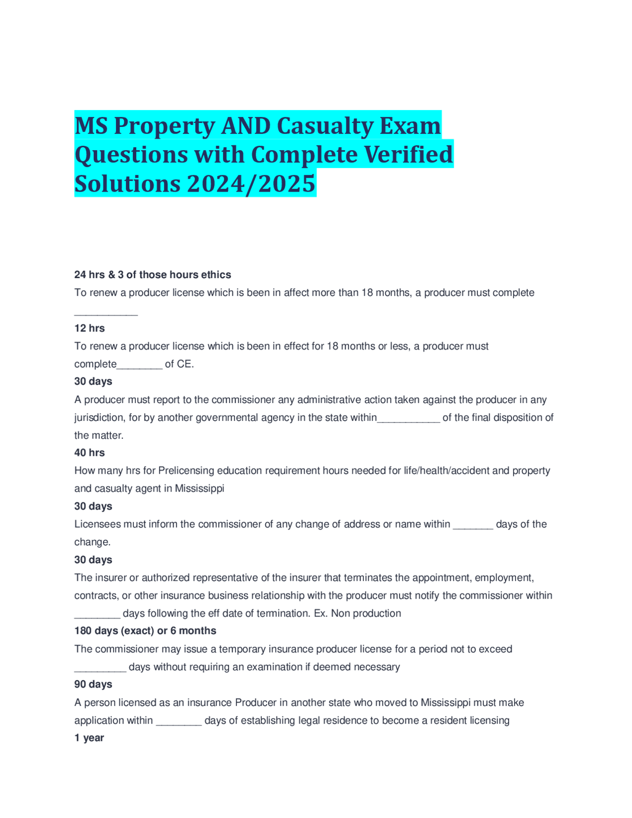 MS Property AND Casualty Exam Questions with Complete Verified ...