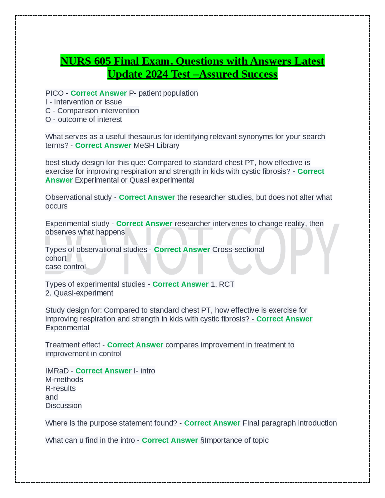 NURS 605 Final Exam, Questions with Answers Latest Update 2024 Test ...