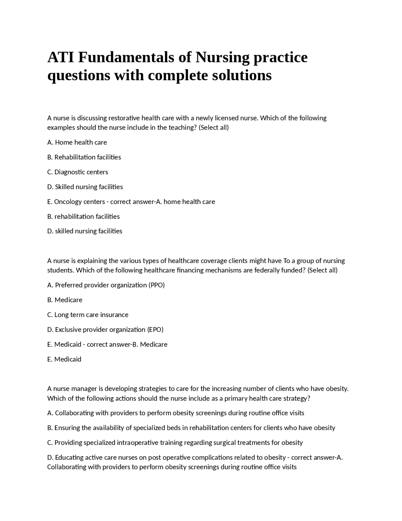 ATI Fundamentals of Nursing practice questions with complete solutions ...