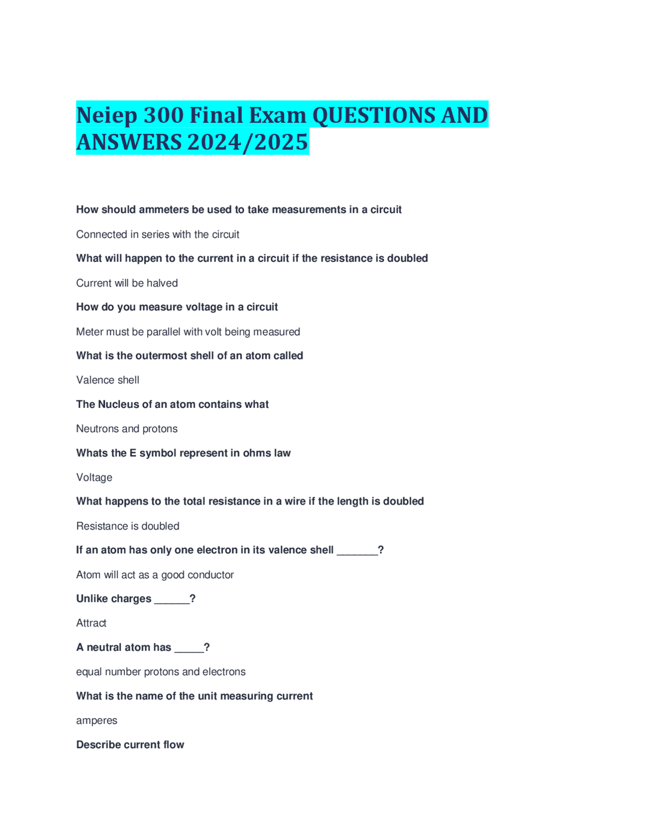 Neiep 300 Final Exam QUESTIONS AND ANSWERS 2024/2025 | Exams Physics | Docsity