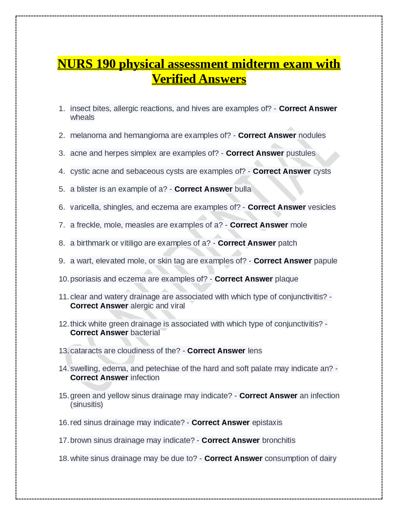 NURS 190 physical assessment midterm exam with Verified Answers | Exams Nursing | Docsity