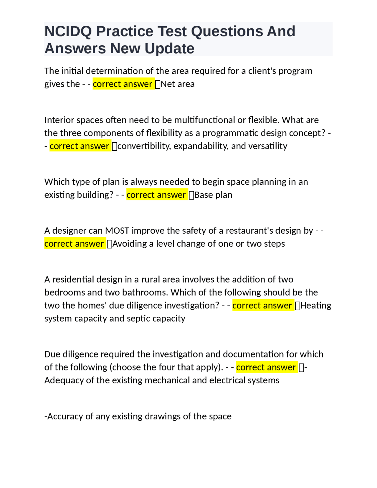 NCIDQ Practice Test Questions And Answers | Exams Architecture | Docsity