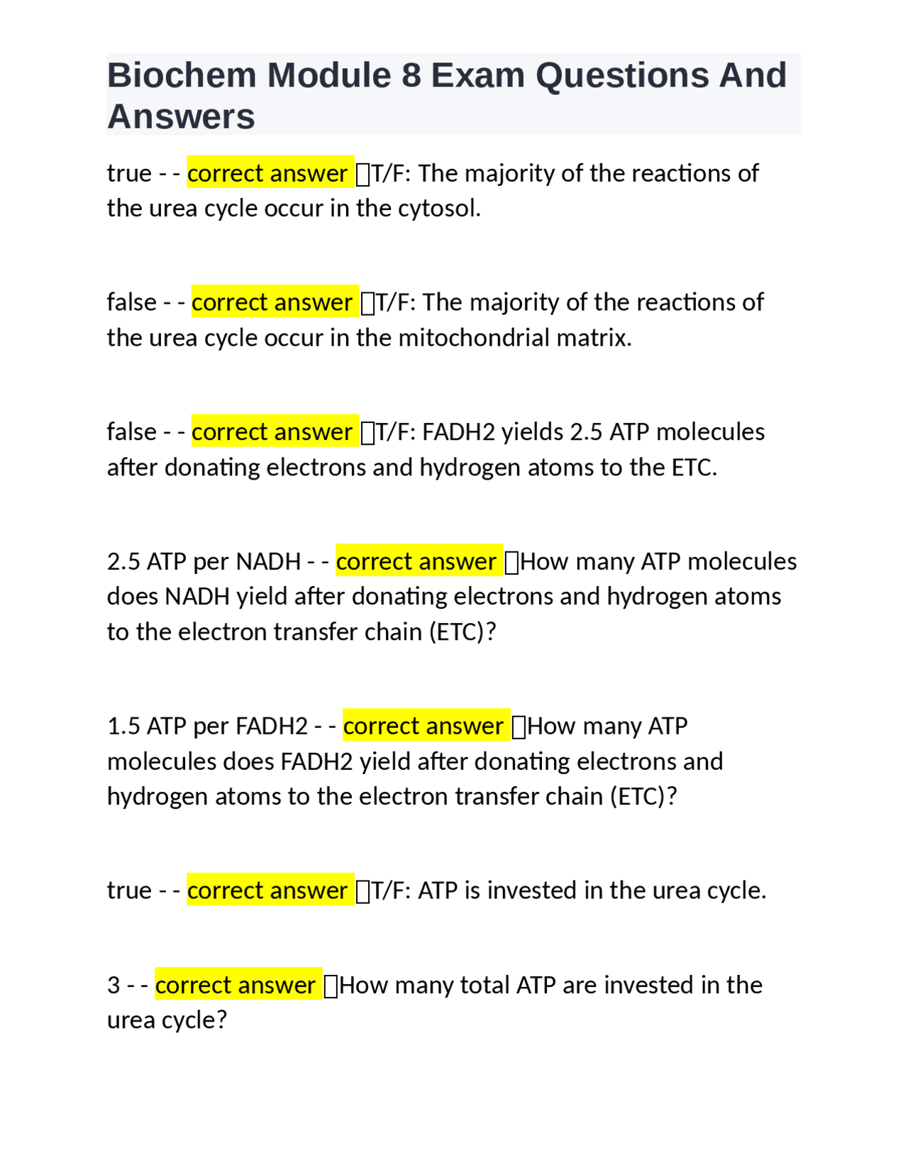 Biochem Module 8 Exam Questions And Answers | Exams Biochemistry | Docsity
