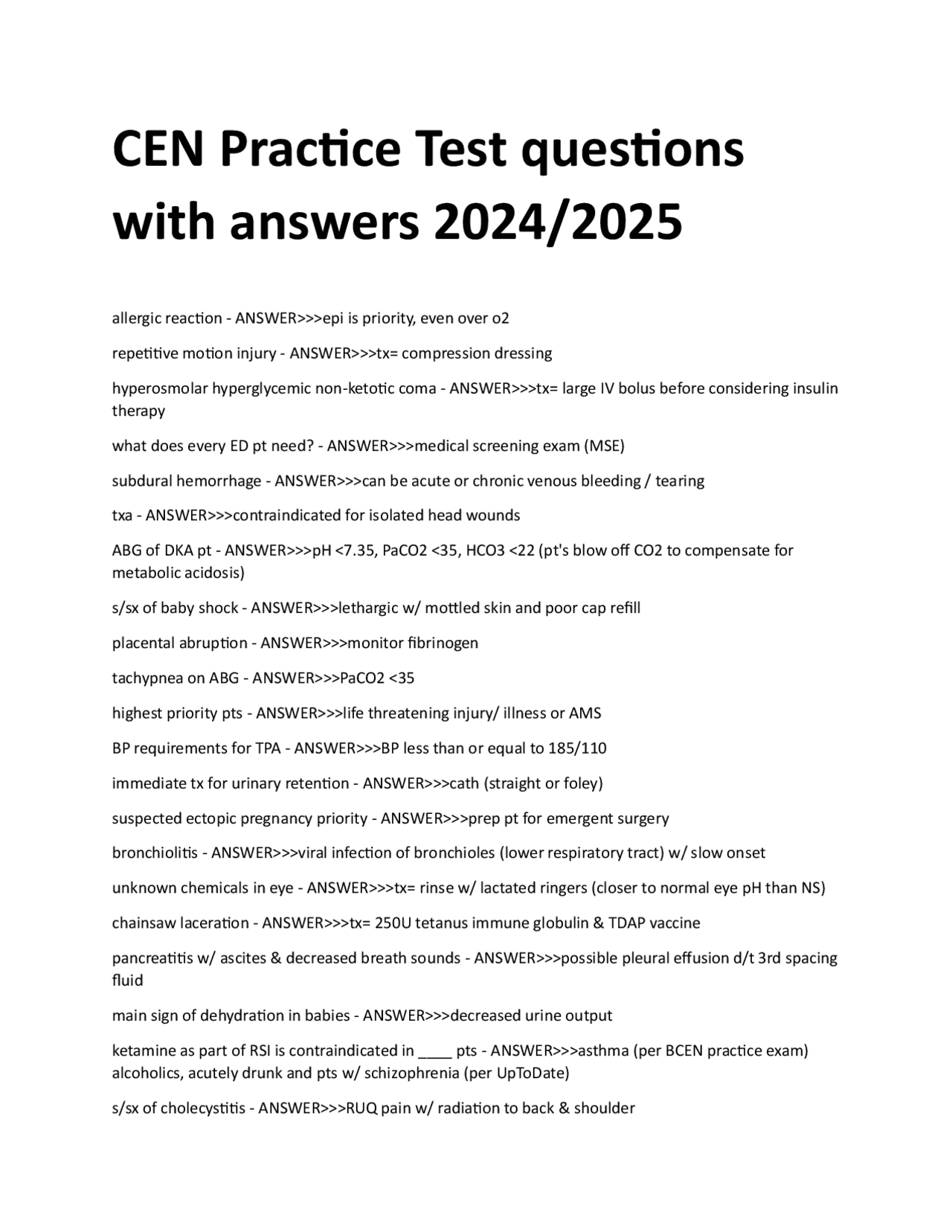 CEN Practice Test questions with answers 2024/2025 | Exams Nursing ...