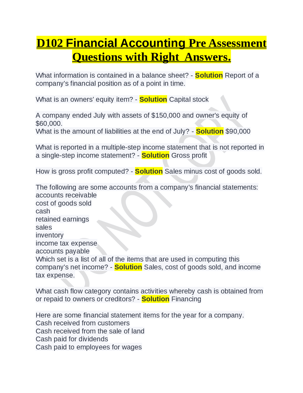 D102 Financial Accounting Pre Assessment Questions with Right Answers ...