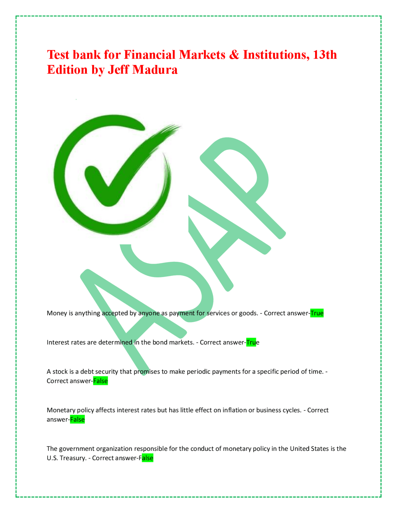 Test bank for Financial Markets & Institutions, 13th Edition by Jeff ...