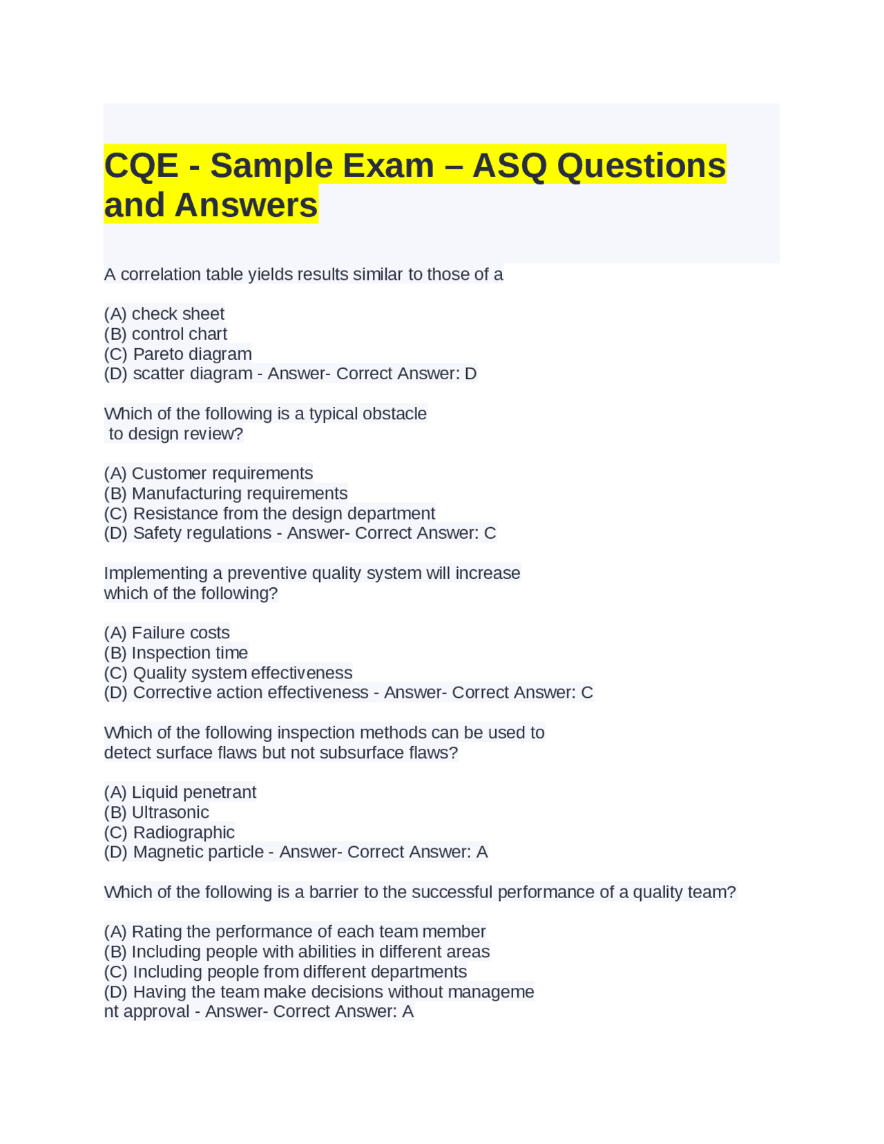 QE - Sample Exam – ASQ Questions and Answers | Exams Advanced Education ...