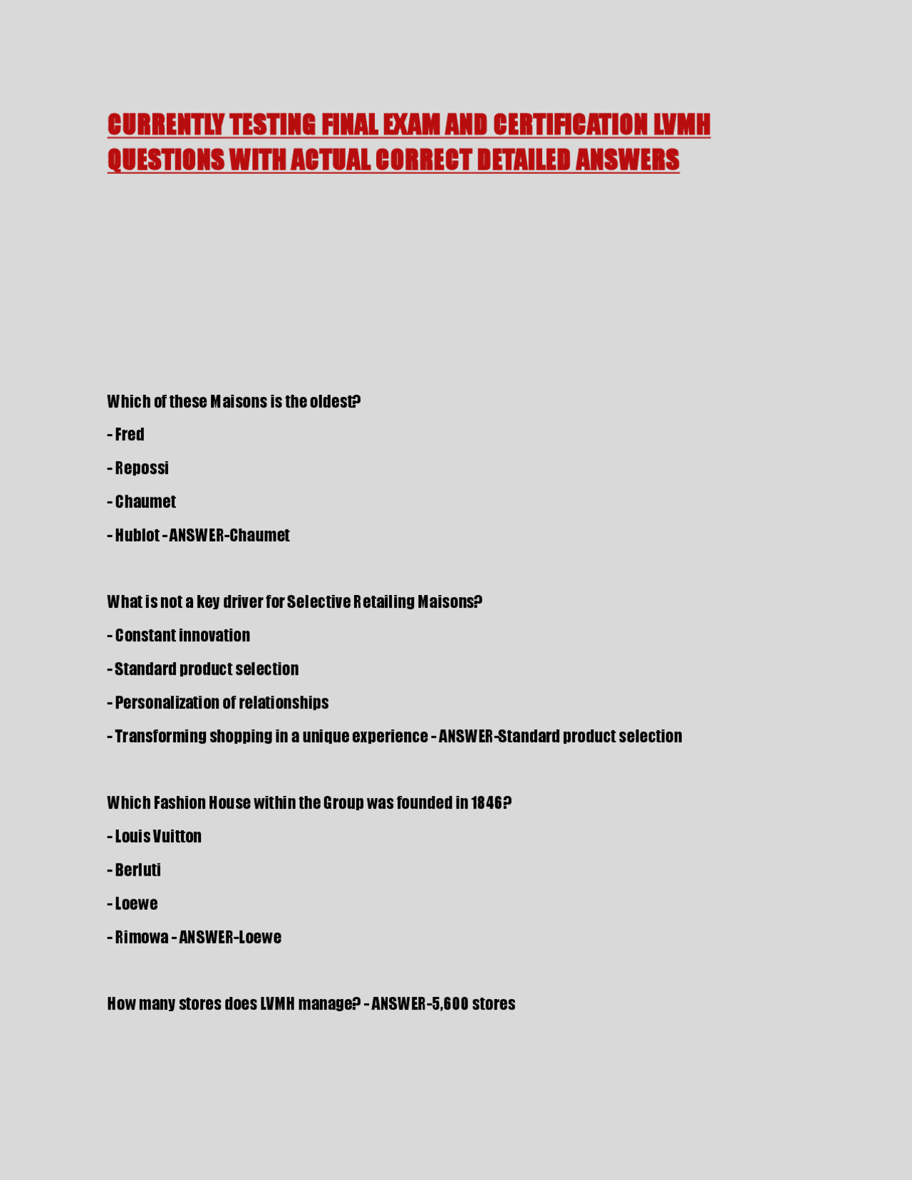 CURRENTLY TESTING FINAL EXAM AND CERTIFICATION LVMH QUESTIONS WITH ...