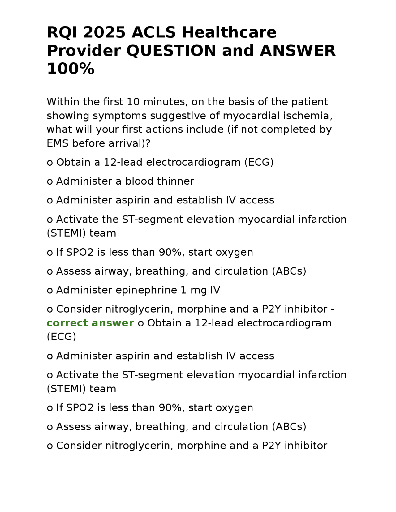 RQI 2025 ACLS Healthcare Provider QUESTION and ANSWER 100% | Exams ...