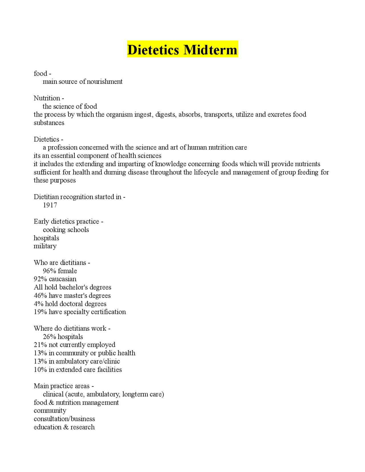 Dietetics Midterm: Exploring the Profession of Dietetics | Exams ...