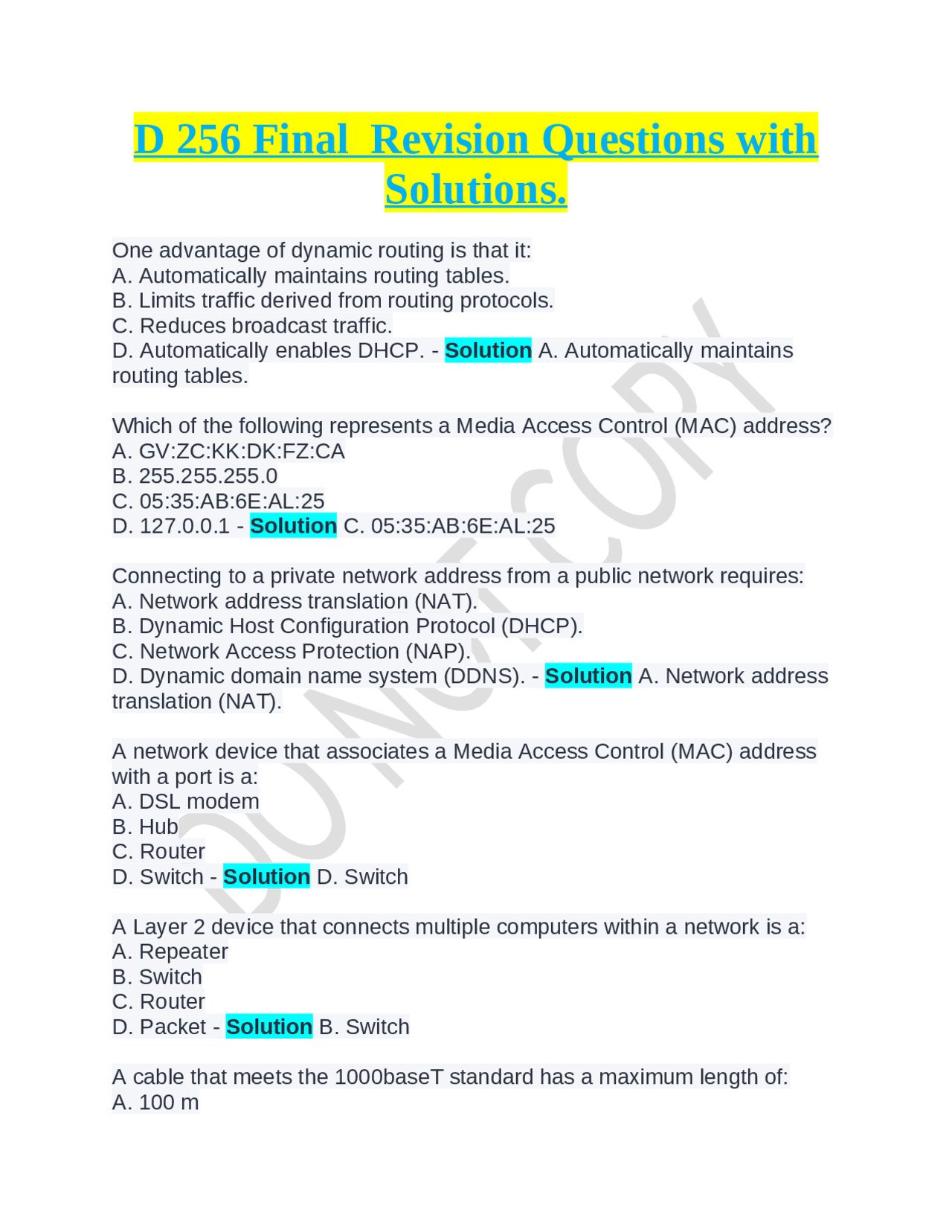 D 256 Final Revision Questions with Solutions. | Exams Information Technology | Docsity