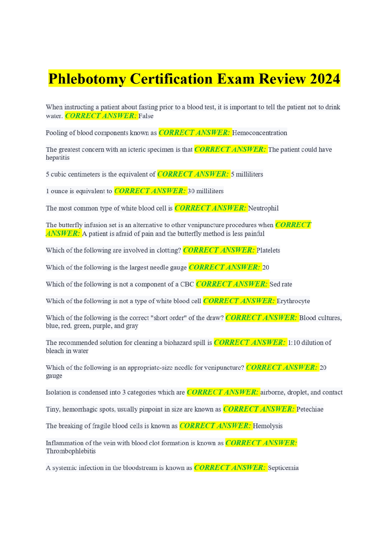 Phlebotomy Certification Exam Review 2024 | Exams Nursing | Docsity