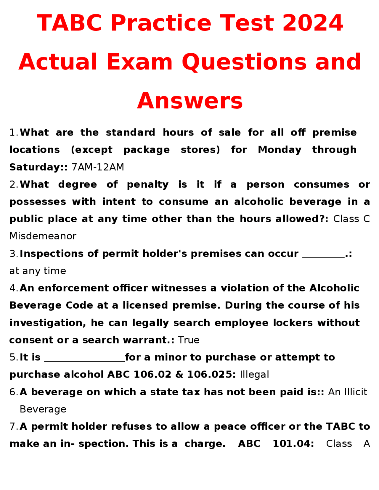Tabc Practice Test 2024 Actual Exam Questions And Answers Exams Law Docsity