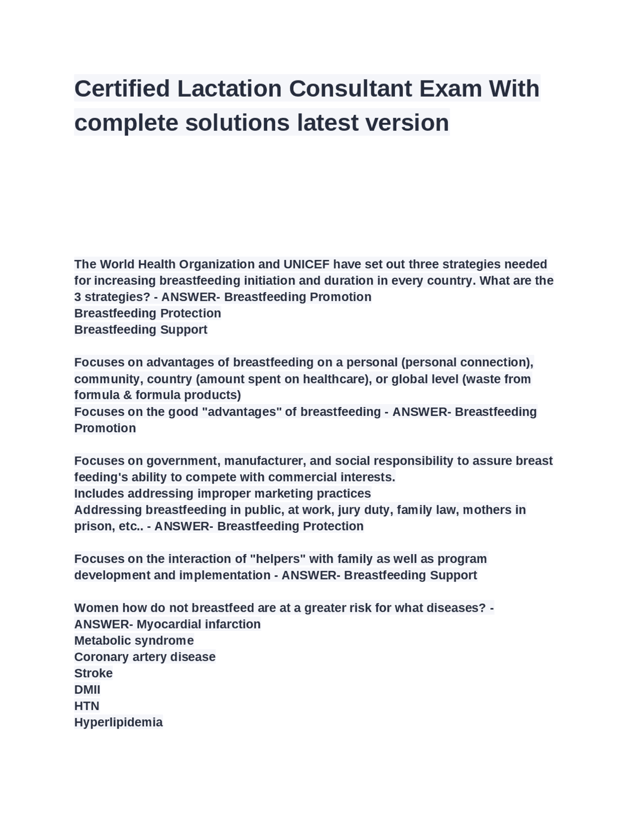 Certified Lactation Consultant Exam With complete solutions latest ...