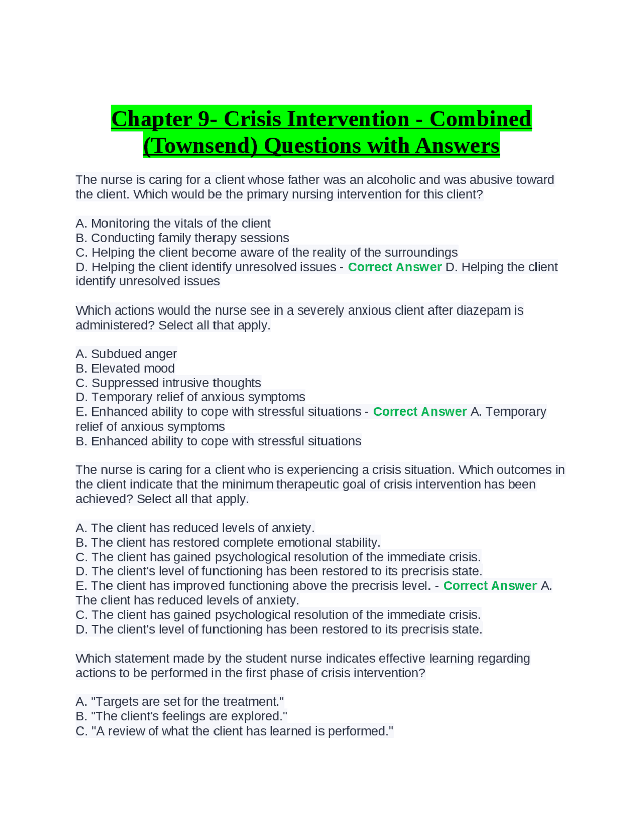 Chapter 9- Crisis Intervention - Combined (Townsend) Questions with ...
