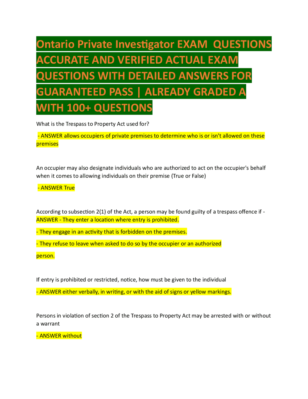 Ontario Private Investigator EXAM QUESTIONS ACCURATE AND VERIFIED ...