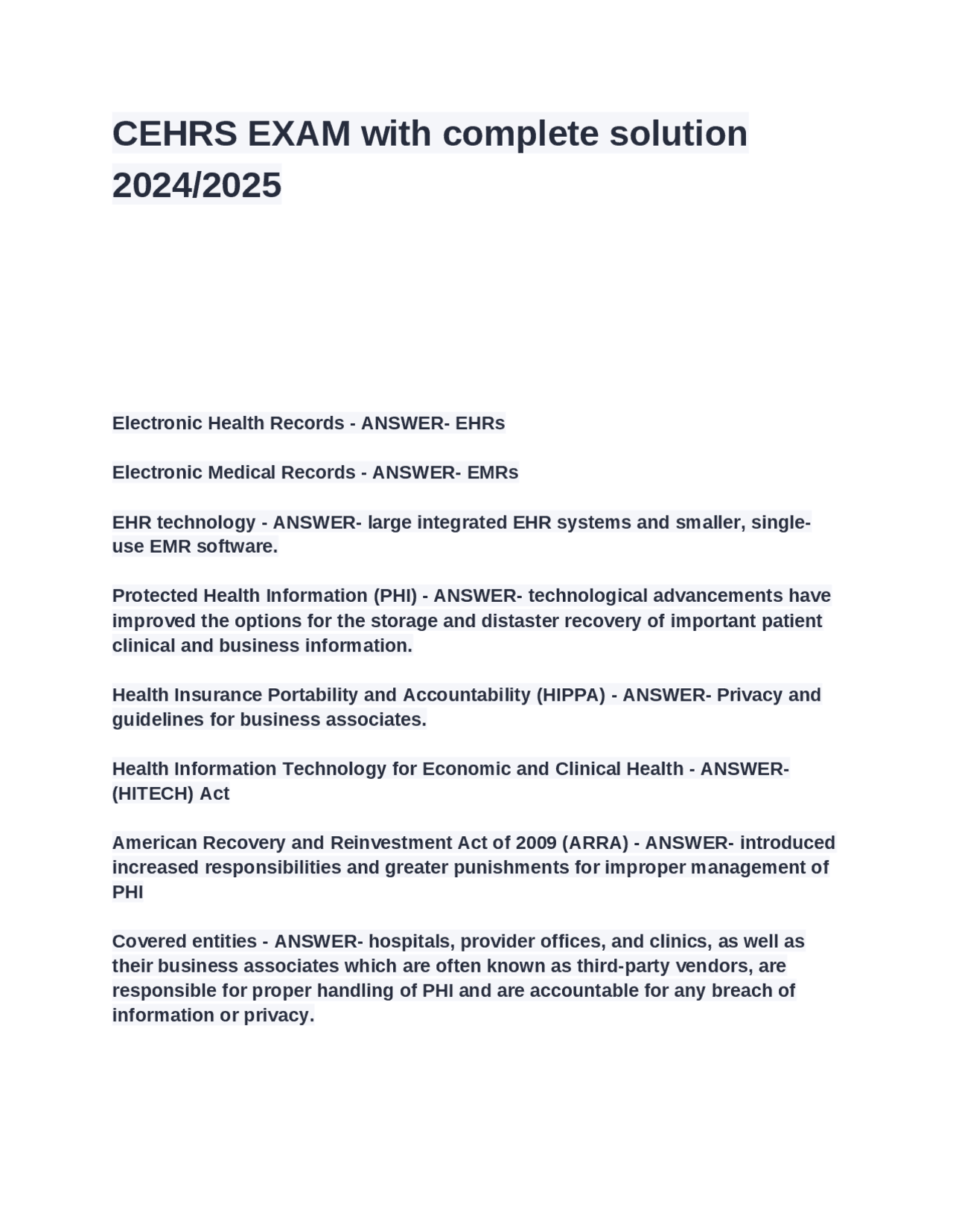 CEHRS EXAM with complete solution 2024_2025 | Exams Medicine | Docsity
