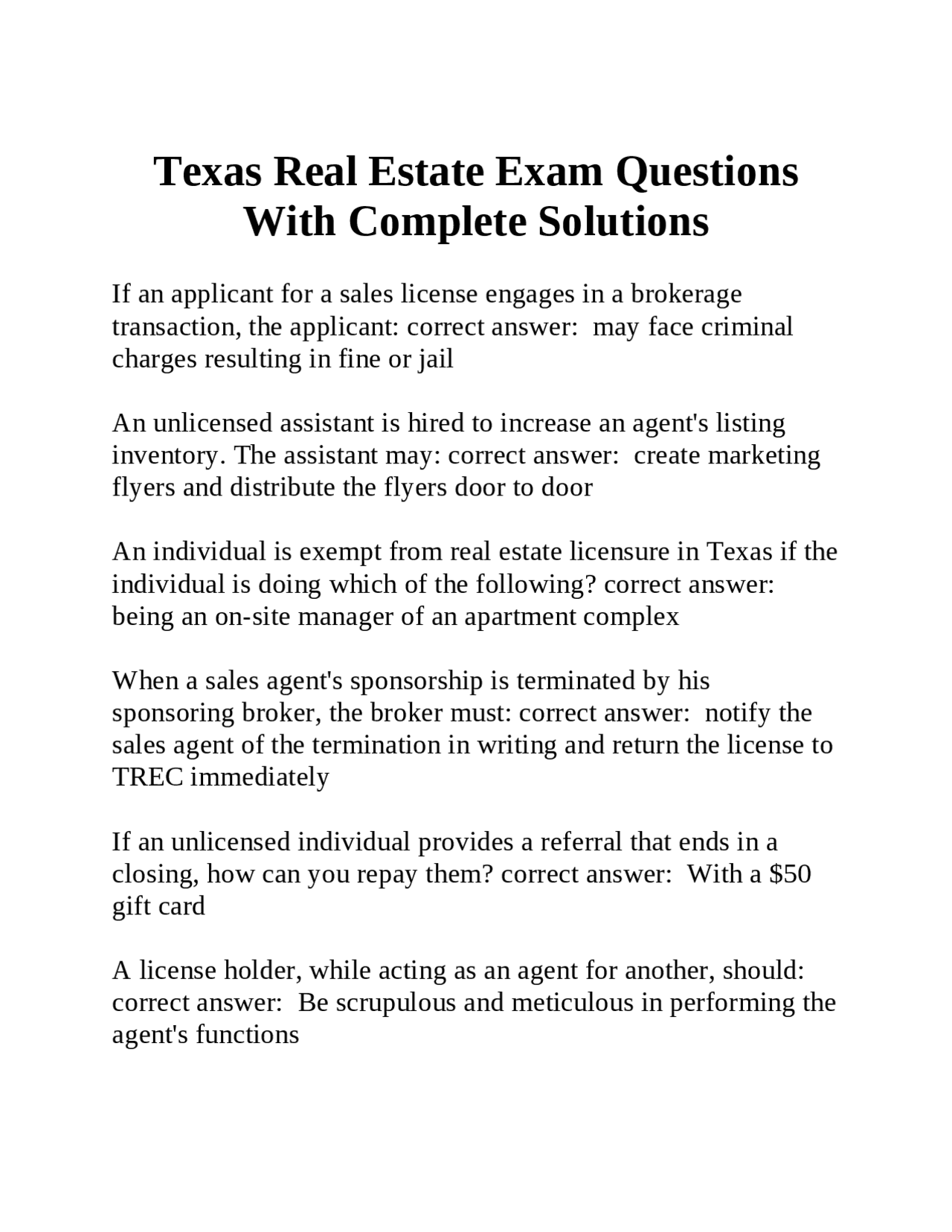 Texas Real Estate Exam Questions With Complete Solutions | Exams Real ...