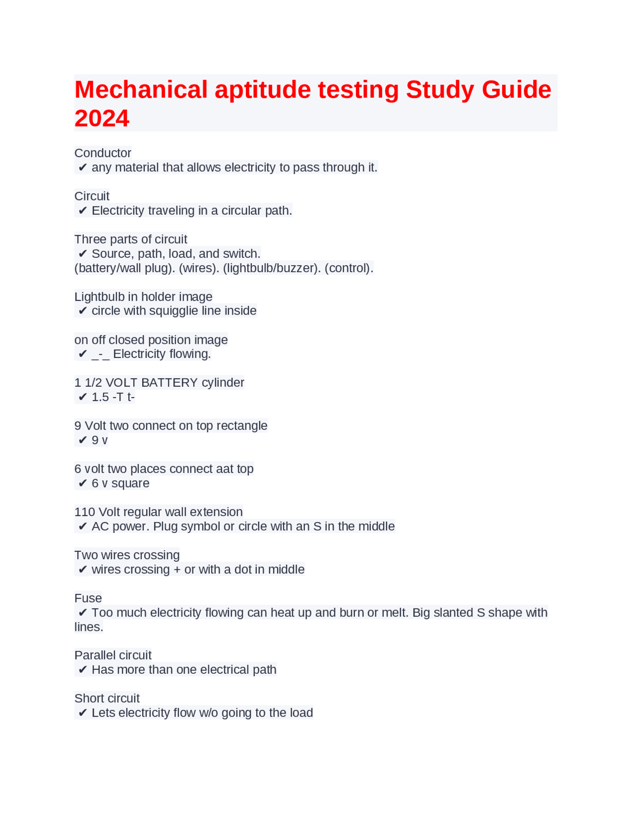 Mechanical aptitude testing Study Guide 2024 | Exams Engineering | Docsity