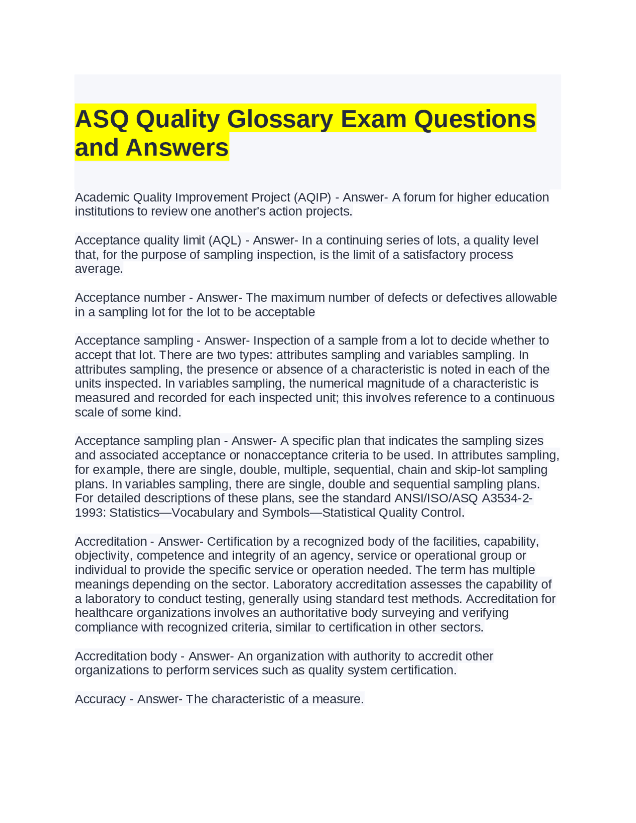 ASQ Quality Glossary Exam Questions and Answers | Exams Advanced ...
